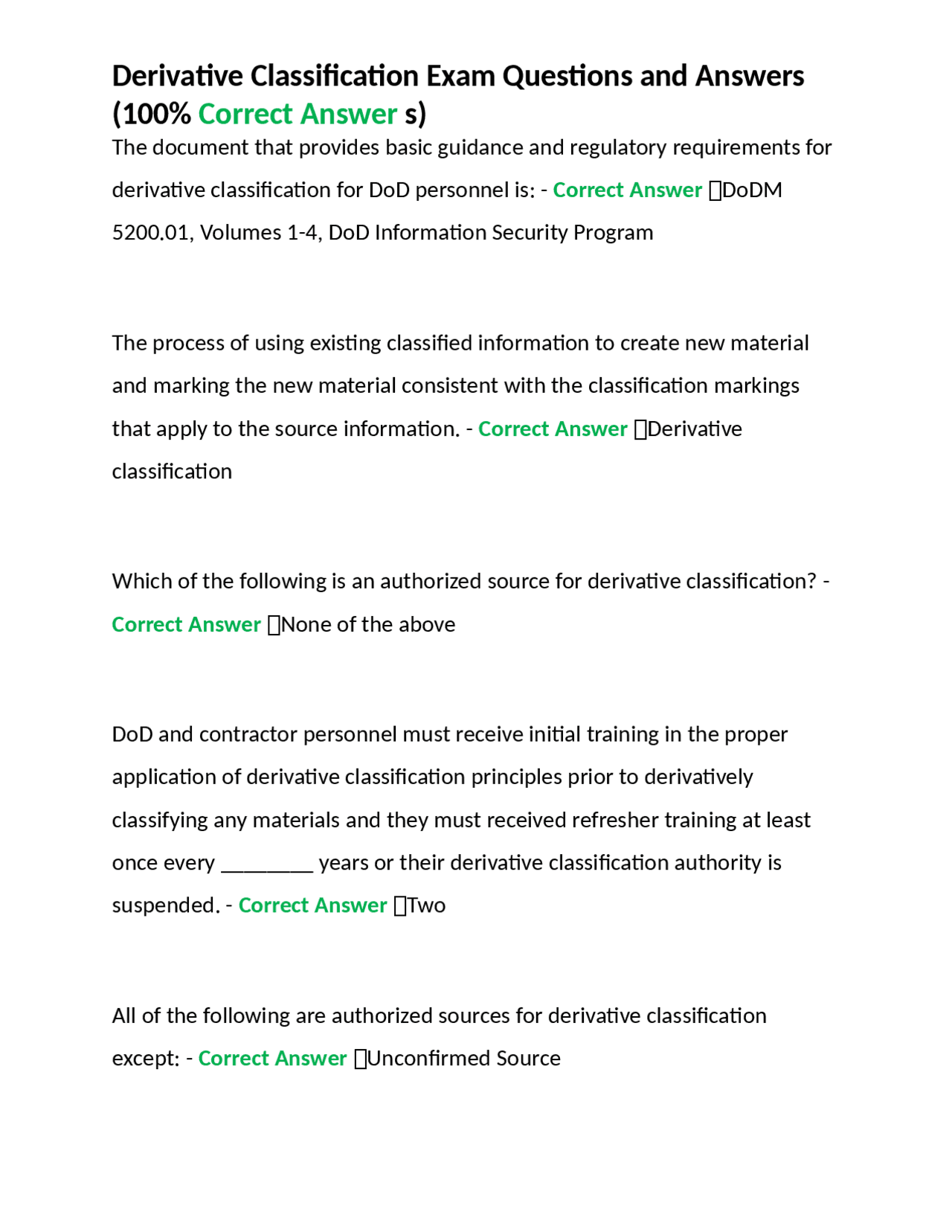 Derivative Classification Exam Questions and Answers (100% Correct ...