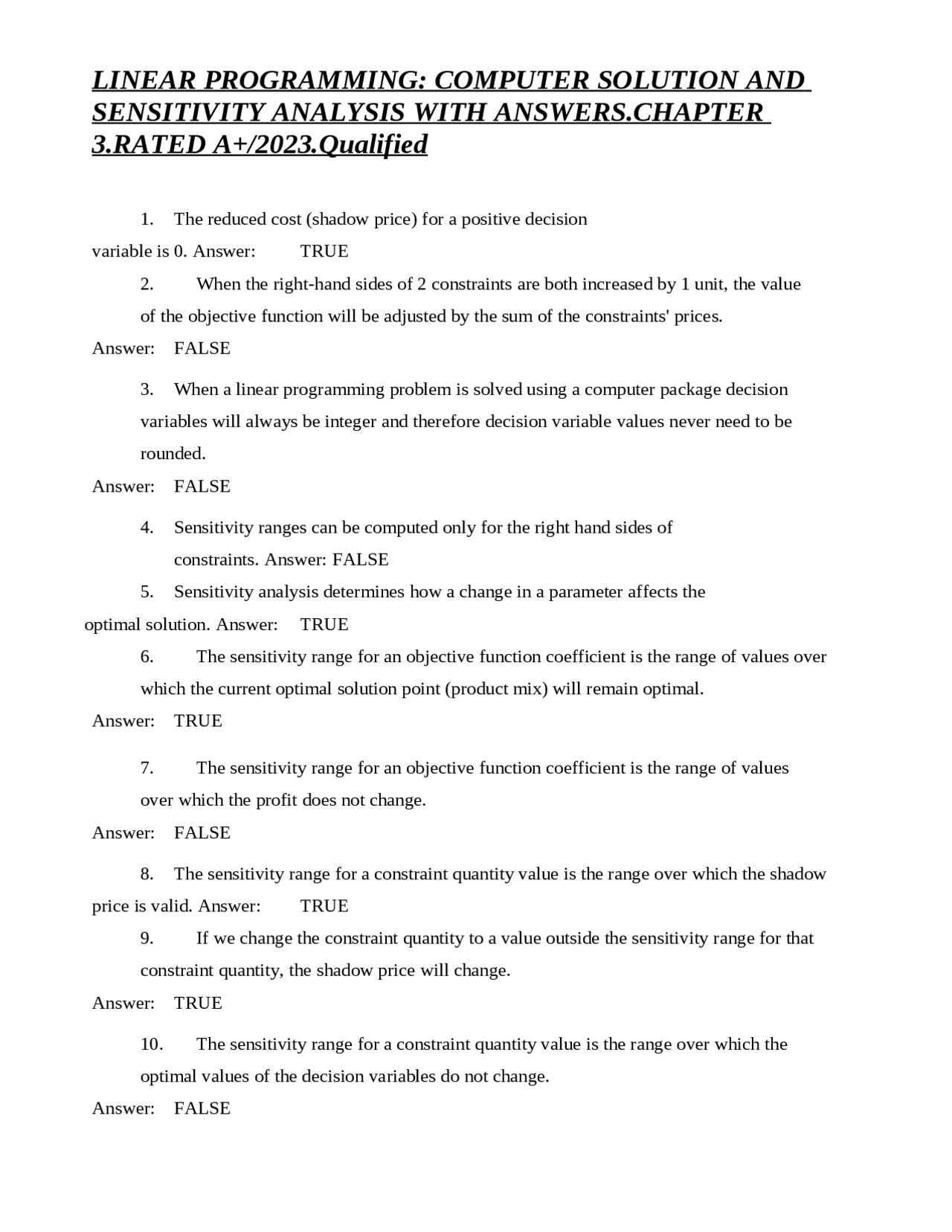 LINEAR PROGRAMMING: COMPUTER SOLUTION AND SENSITIVITY ANALYSIS WITH ANSWERS.CHAPTER 3.RATE ...