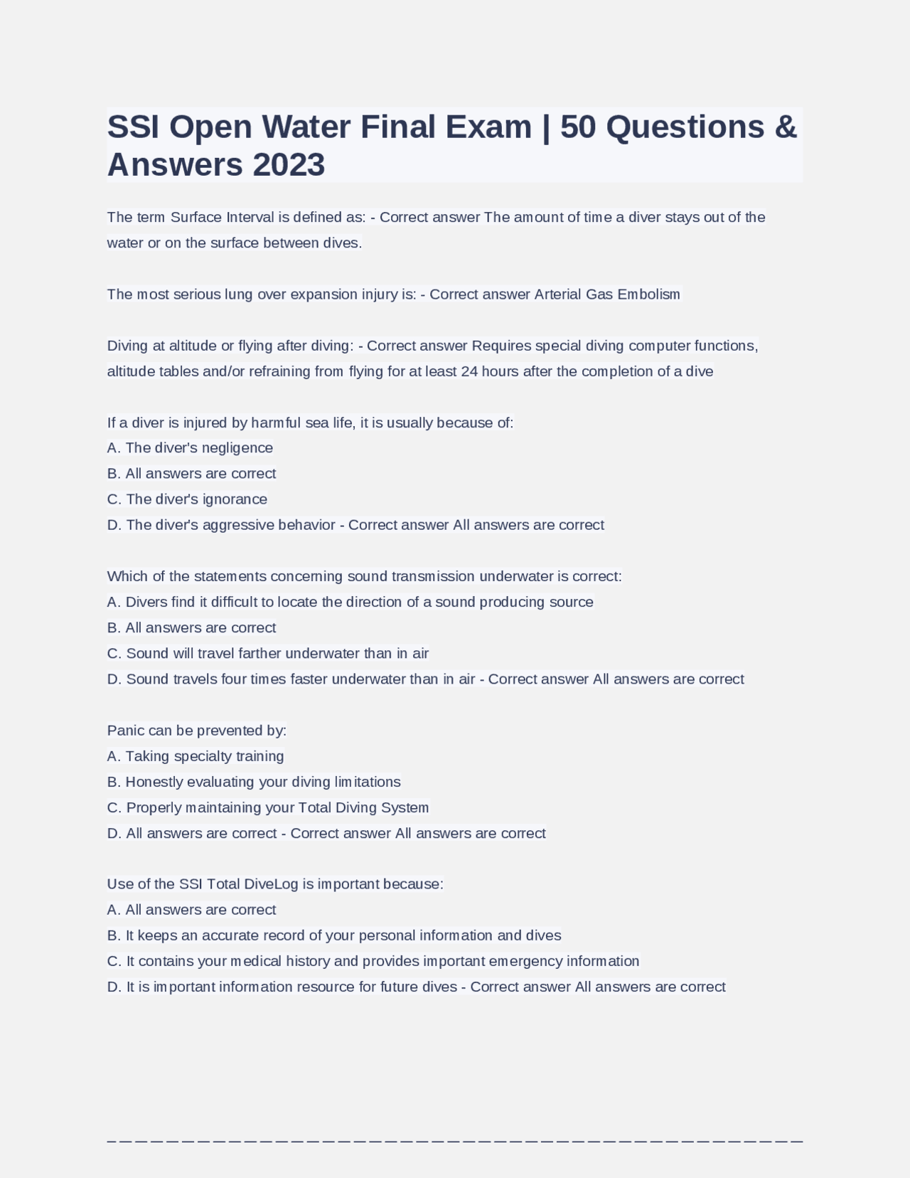 SSI Open Water Final Exam | 50 Questions & Answers 2023 | Exams Water ...