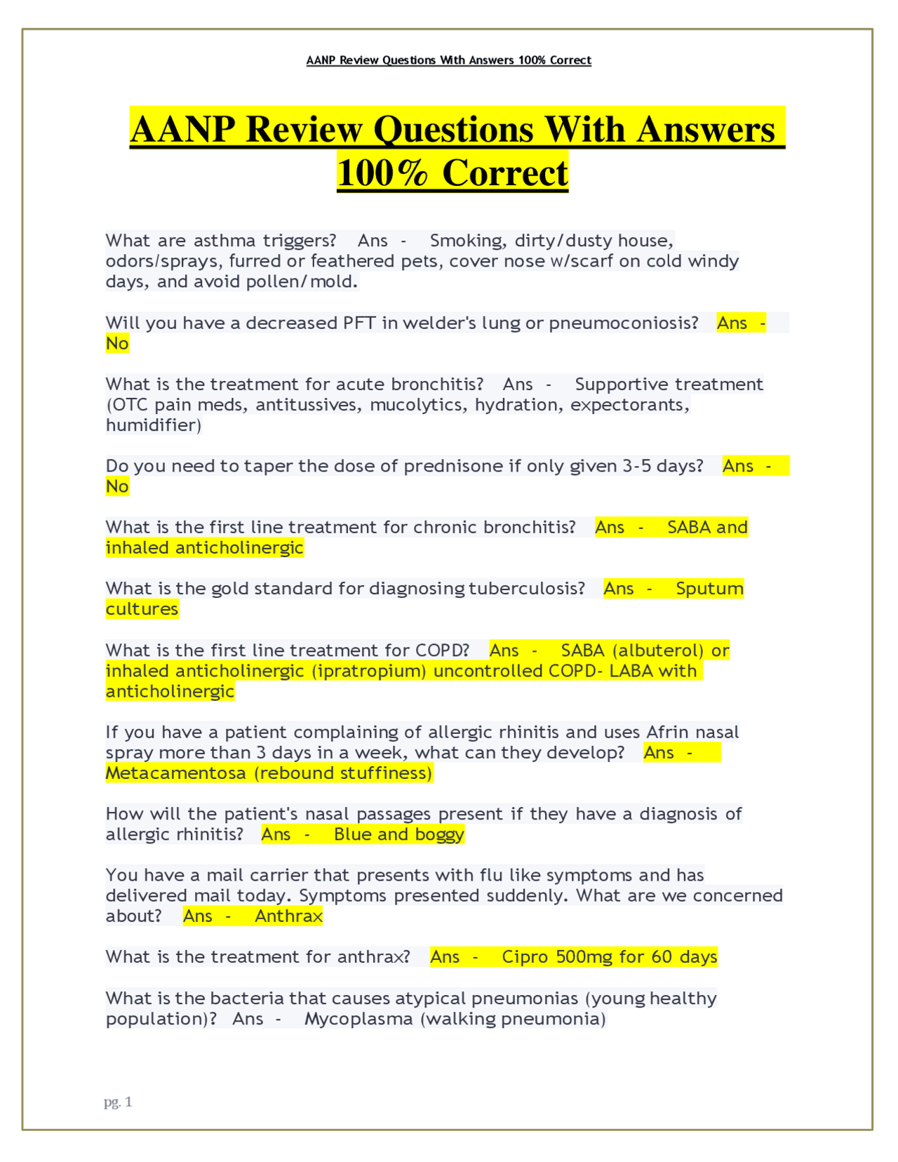 AANP Review Questions With Answers 100% Correct | Exams Nursing | Docsity