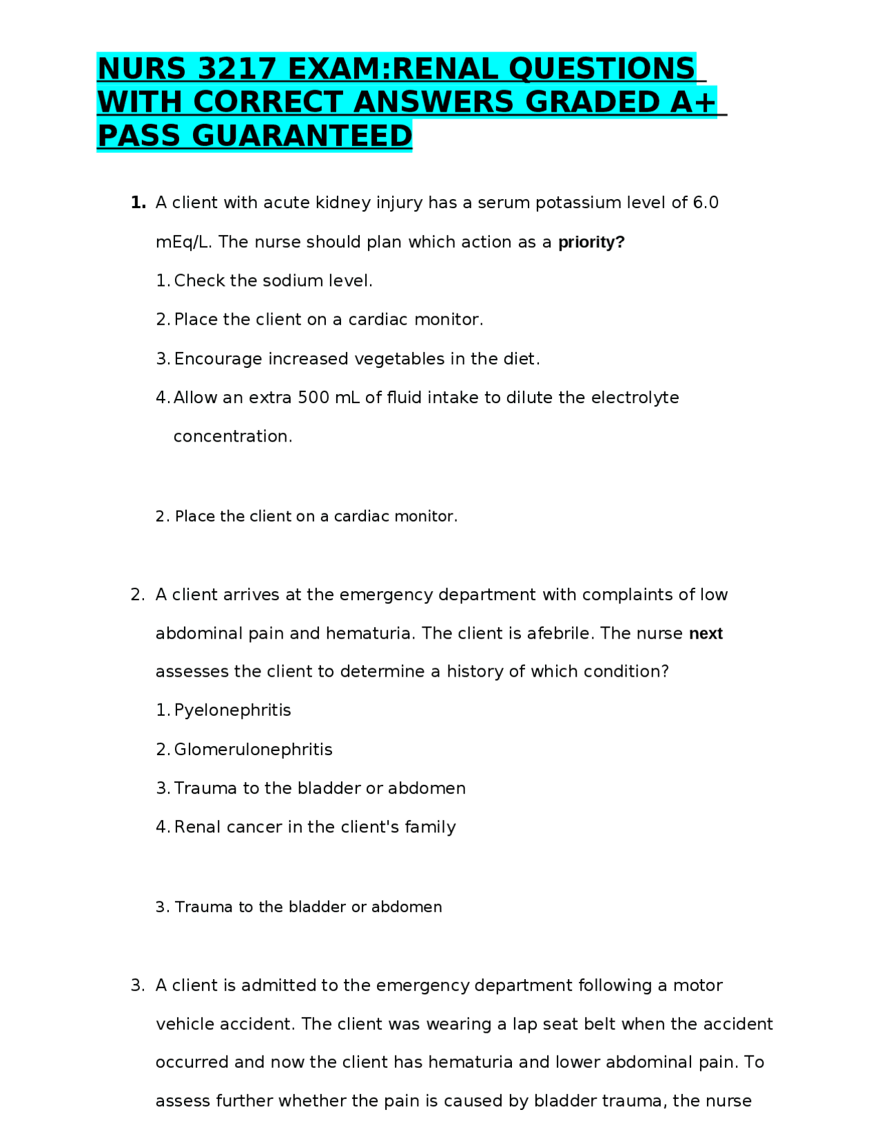 NURS 3217 EXAM:RENAL QUESTIONS WITH CORRECT ANSWERS GRADED A+ PASS ...