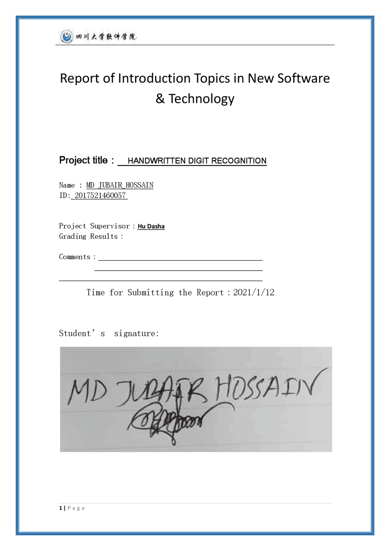 Handwritten Digit Recognition | Papers Artificial Intelligence | Docsity