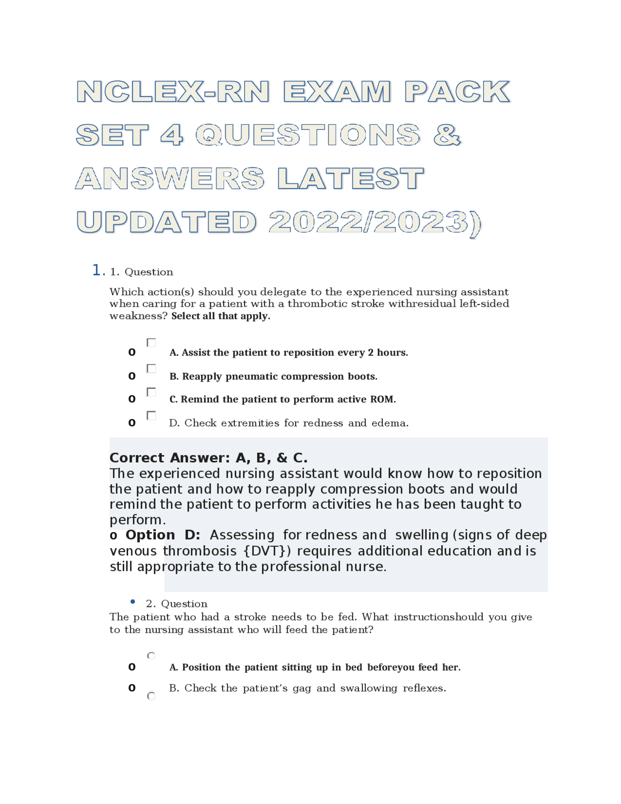 NCLEX_RN_Exam_Pack_Set_4__Questions___Answers_Updated_2022__2023 | Exams Nursing | Docsity