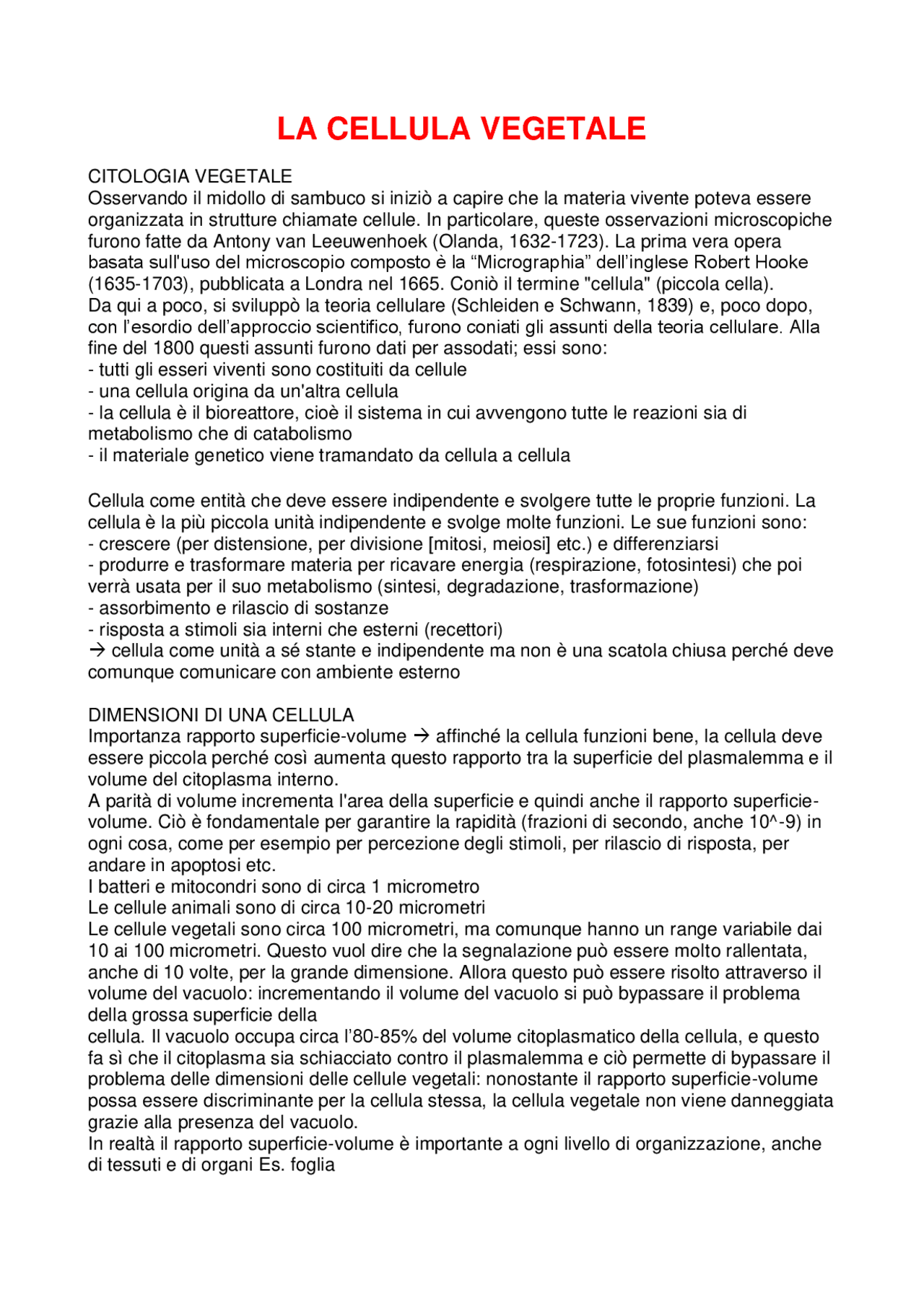 La Cellula Vegetale: tutti gli aspetti citologici | Sbobinature di Biologia Vegetale | Docsity