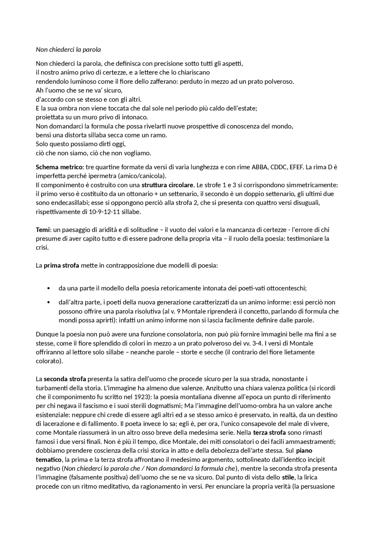 Analisi brani Montale | Appunti di Letteratura Italiana | Docsity