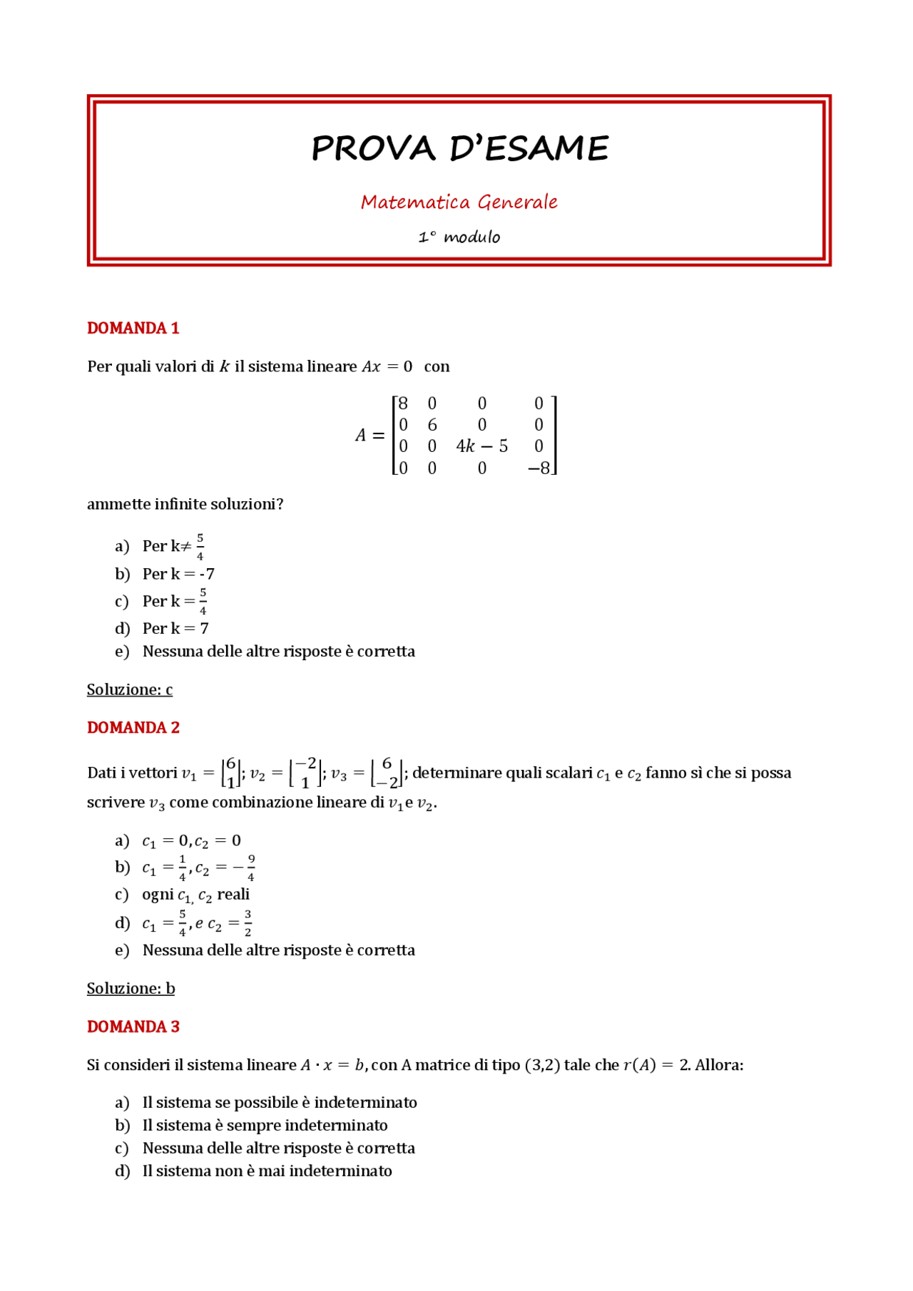 Prova d'esame matematica generale I modulo | Prove d'esame di Matematica Generale | Docsity