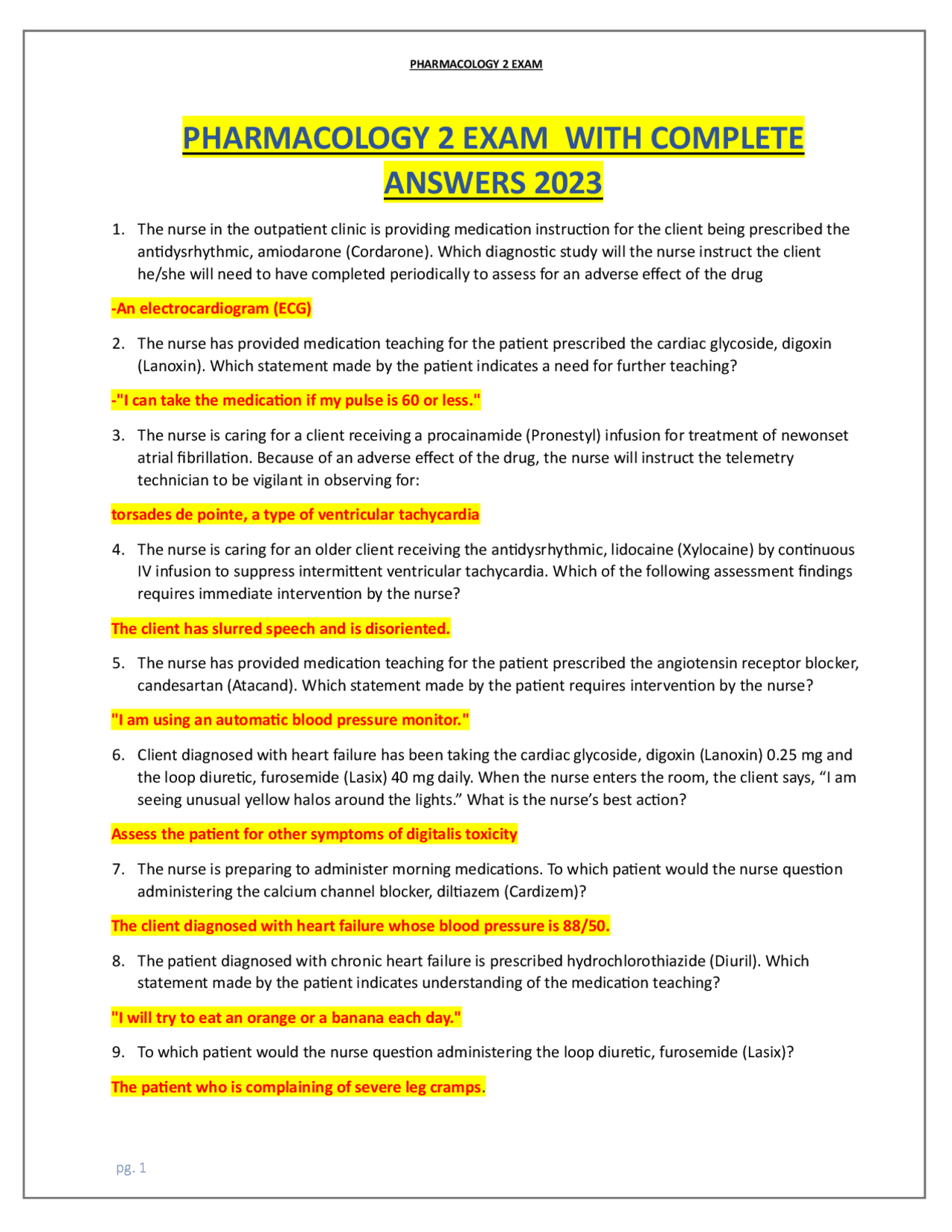 PHARMACOLOGY 2 EXAM WITH COMPLETE ANSWERS 2023 | Exams Nursing | Docsity