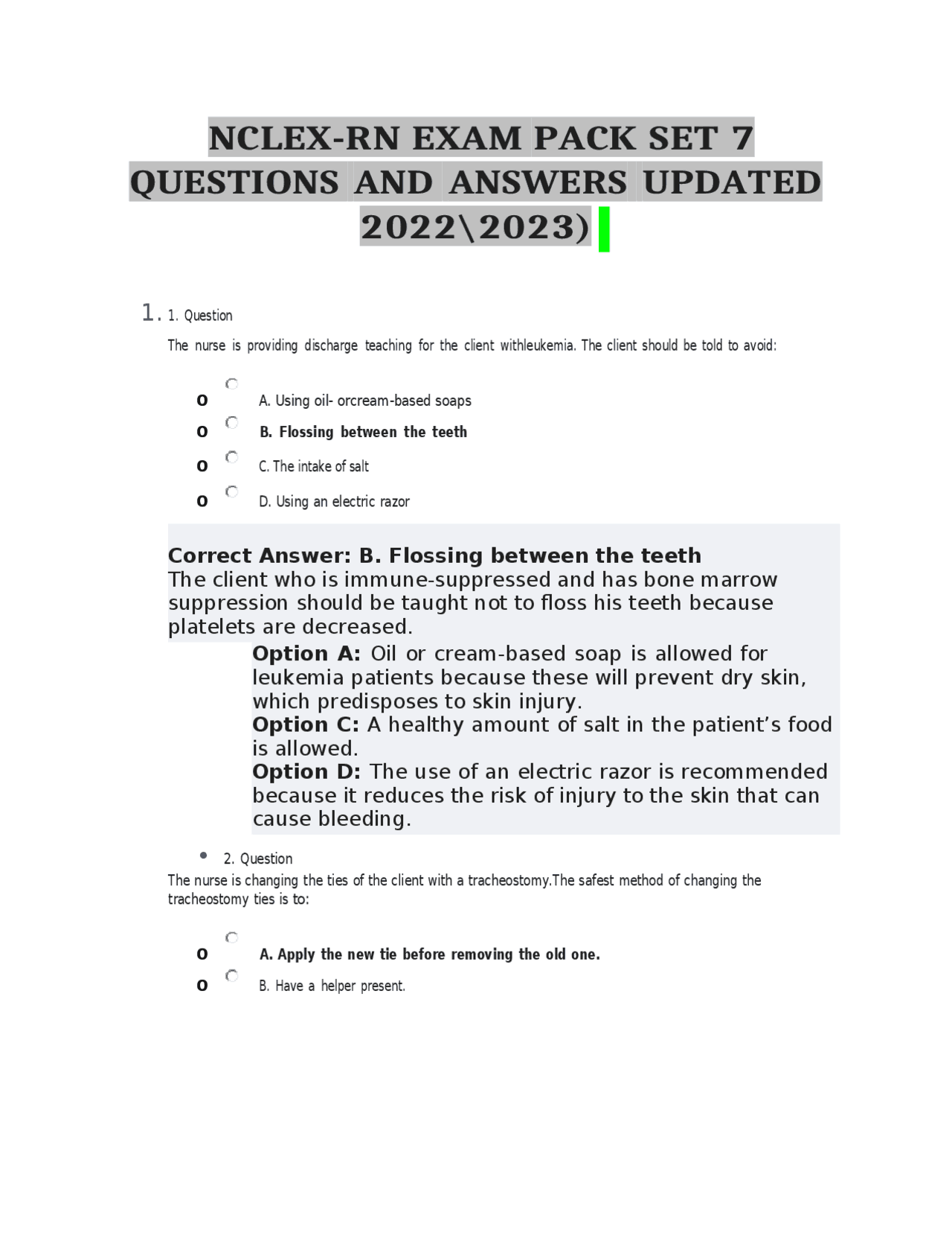 NCLEX-RN EXAM PACK SET 7 QUESTIONS AND ANSWERS UPDATED 2022\2023) | Exams Nursing | Docsity