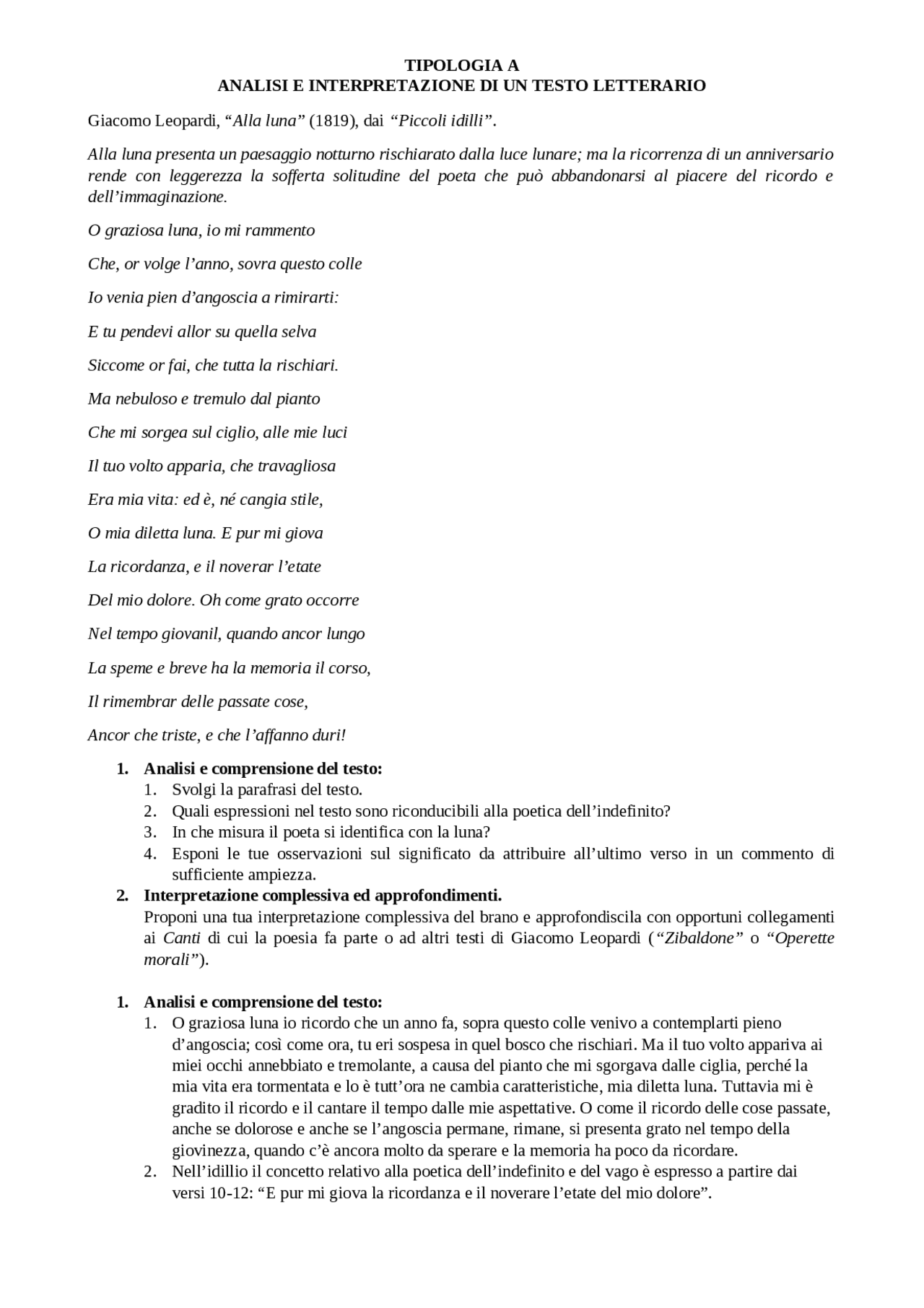 Tipologia a - Giacomo Leopardi - Alla luna | Prove svolte di Maturità ...