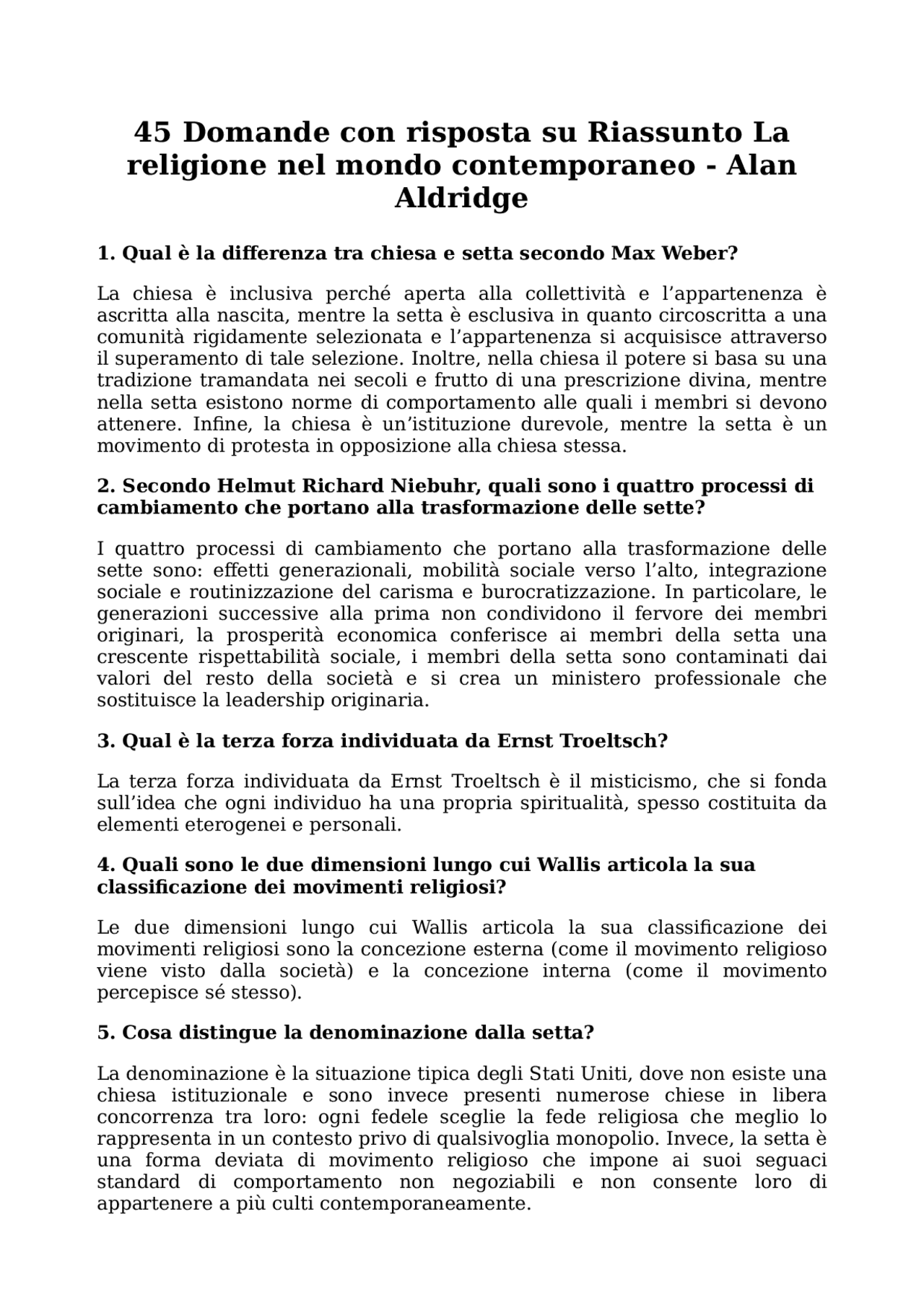Riassunto La religione nel mondo contemporaneo - Alan Aldridge. Quiz di 45 domande e risposte ...