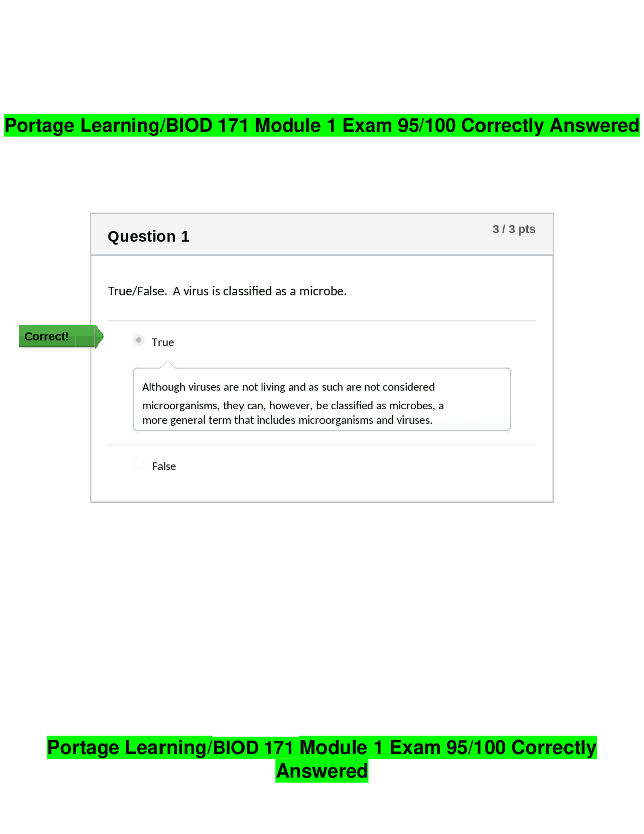 Portage Learning/BIOD 171 Module 1 Exam 95/100 Correctly Answered ...