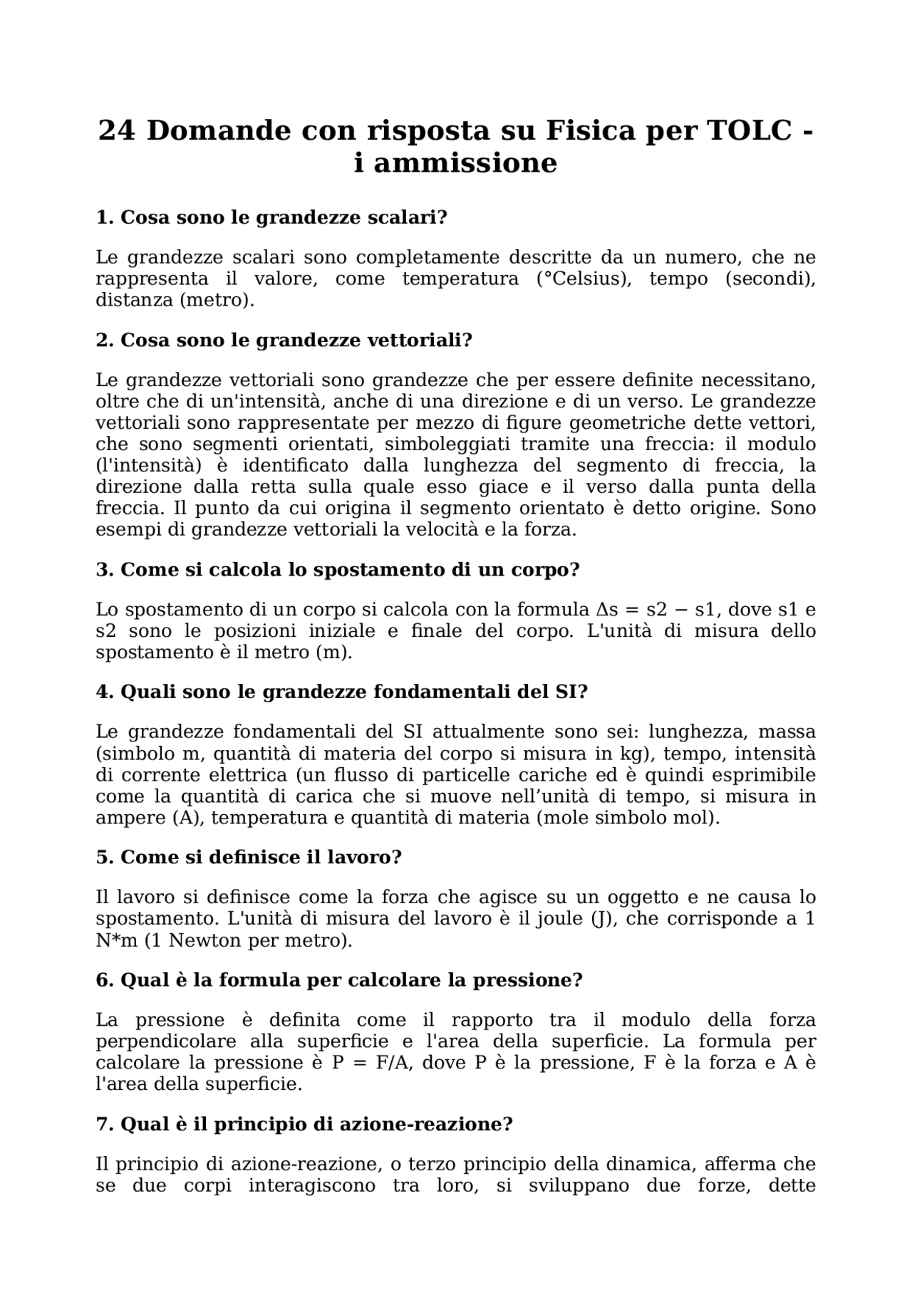 Fisica per TOLC - i ammissione. Quiz di 24 domande e risposte ...