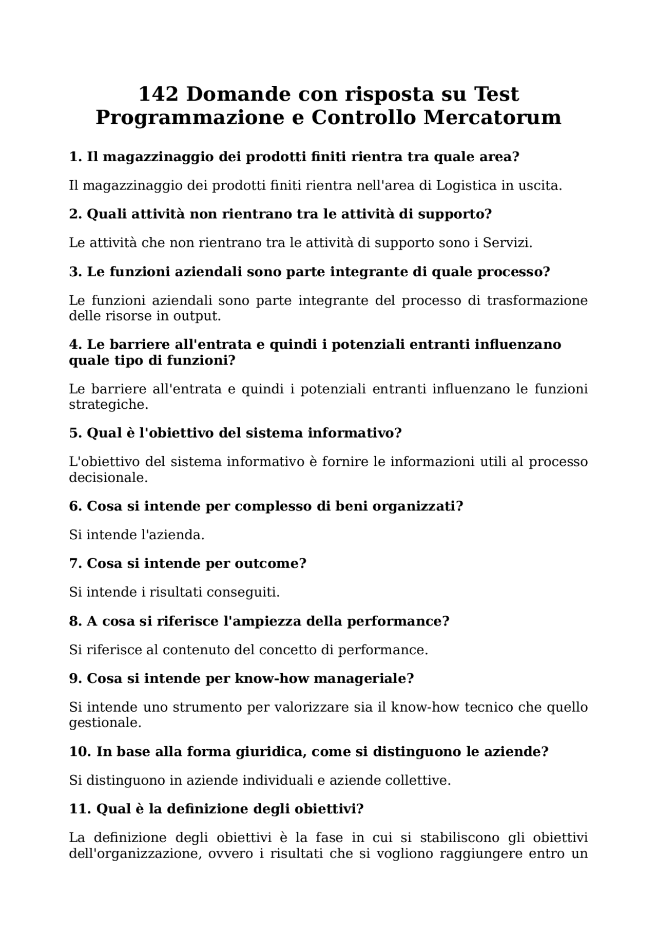 Test Programmazione E Controllo Mercatorum Quiz Di 142 Domande E
