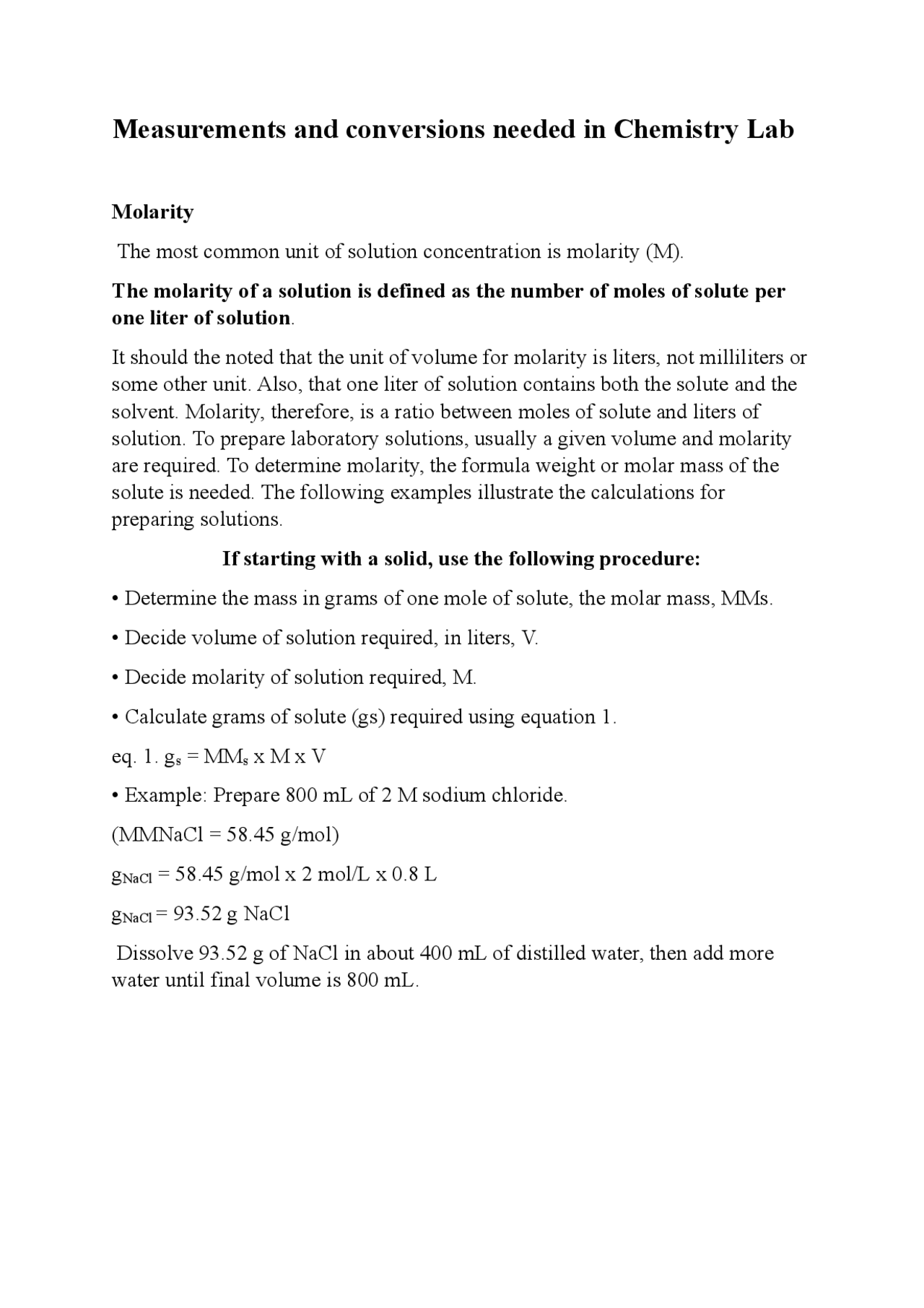 Measurements And Conversions Needed In Chemistry Lab Molarity Percent
