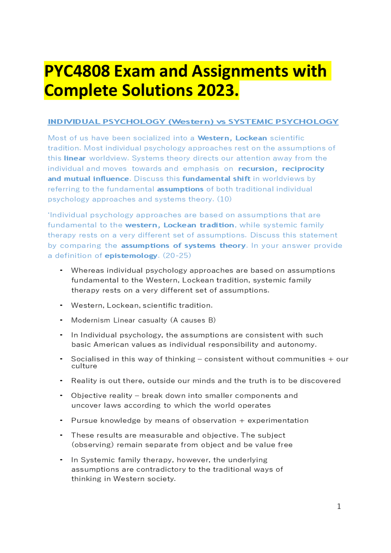 PYC4808 Exam and Assignments with Complete Solutions 2023. | Exams Sociology | Docsity
