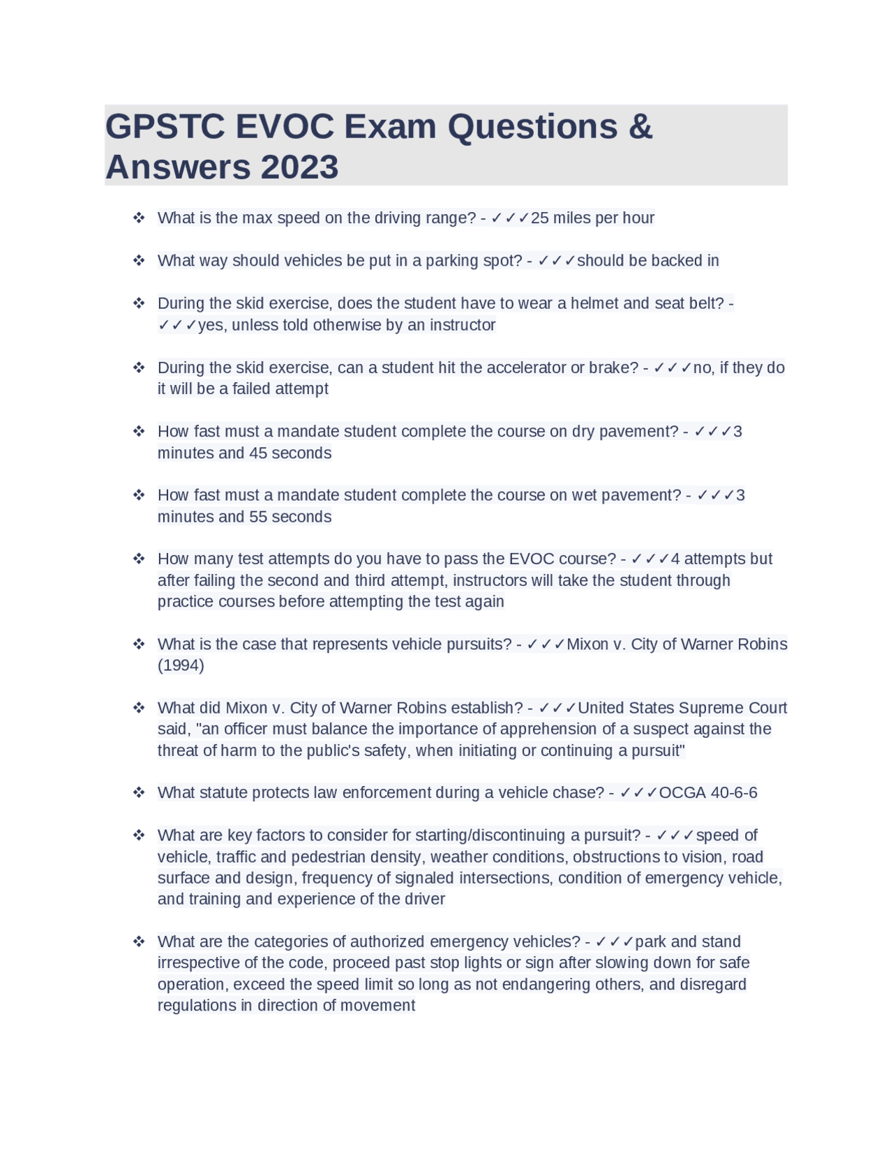 GPSTC EVOC Exam Questions & Answers 2023 | Exams Advanced Education | Docsity