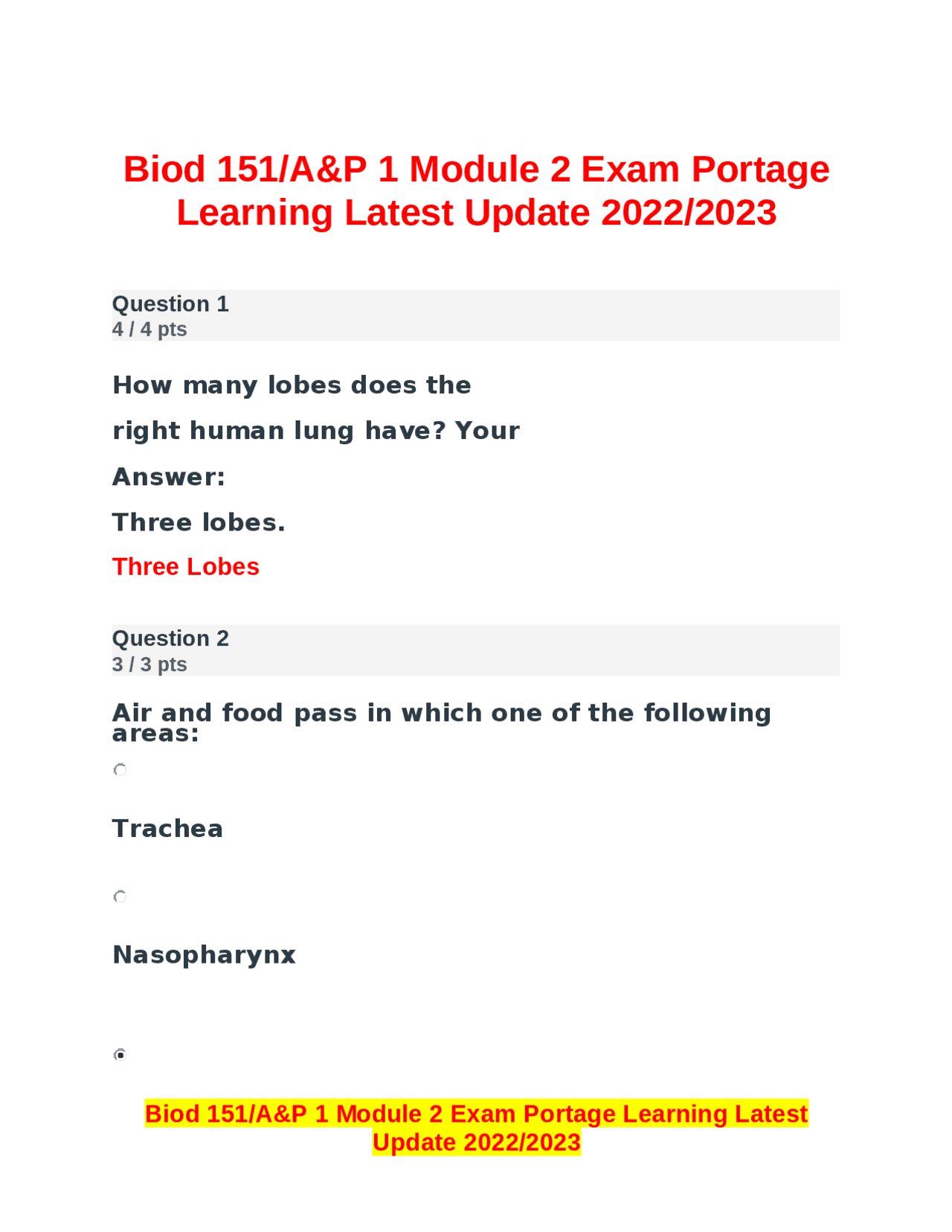 Biod 151/A&P 1 Module 2 Exam Portage Learning Latest Update 2022/2023 ...