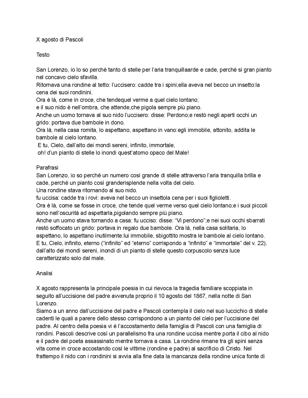 Analisi e parafrasi de X agosto di Pascoli | Appunti di Italiano | Docsity