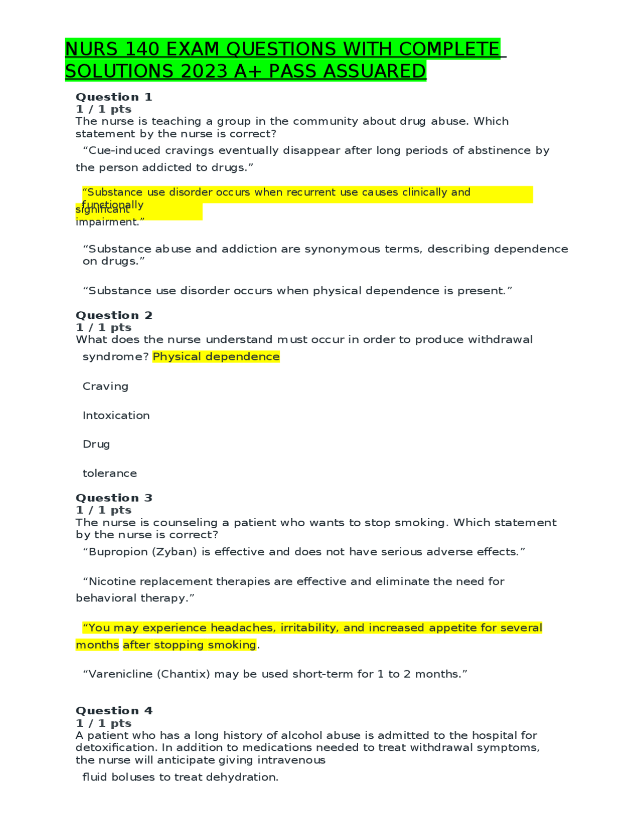 Nurs 140 Exam Questions With Complete Solutions 2023 A Pass Assuared