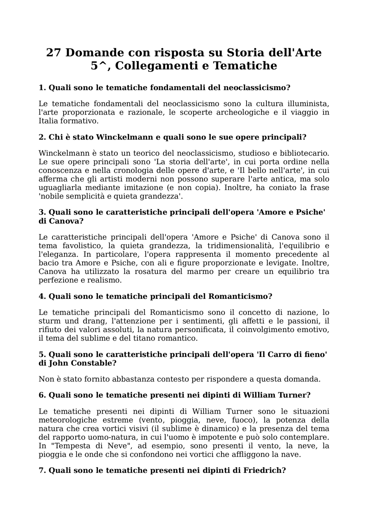 Storia dell'Arte 5^, Collegamenti e Tematiche. Quiz di 27 domande e risposte. | Prove d'esame di ...
