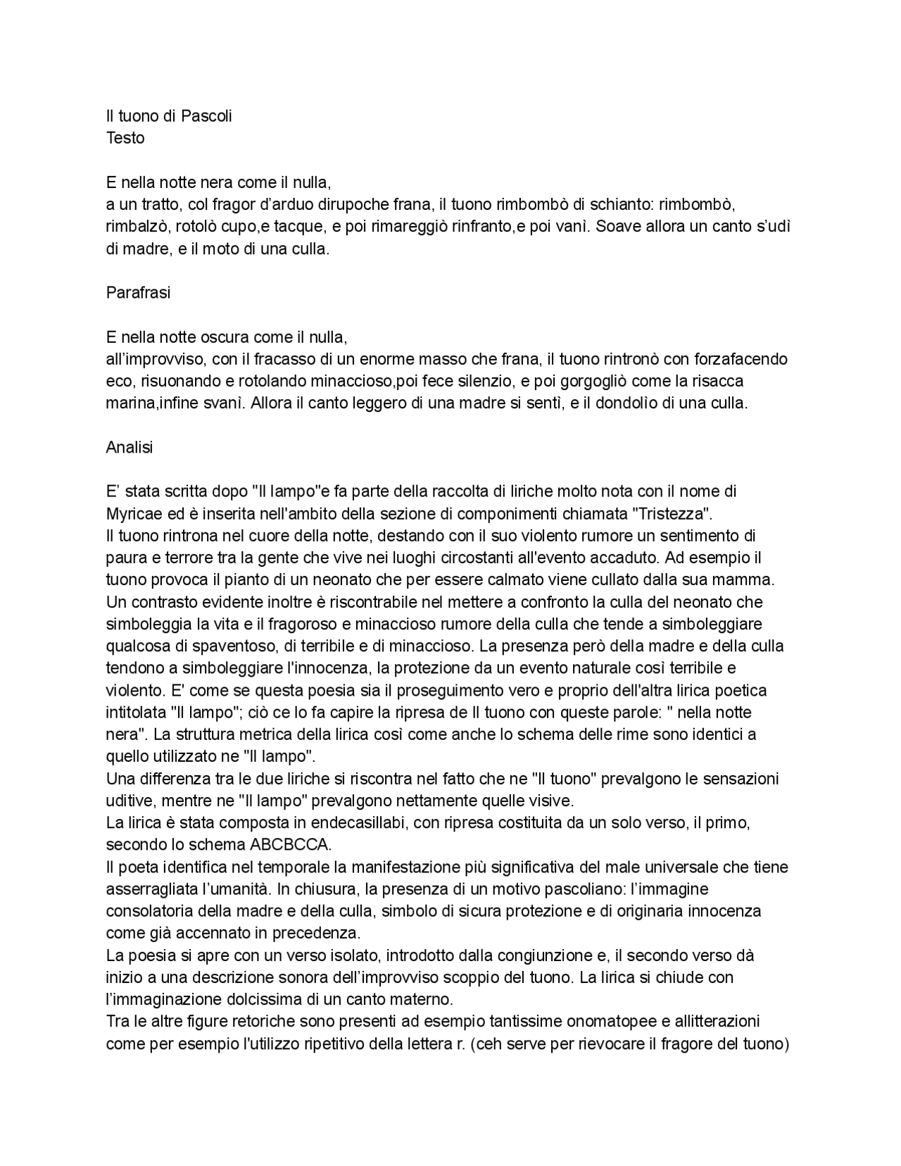 Analisi e parafrasi de Il tuono di Pascoli | Appunti di Italiano | Docsity