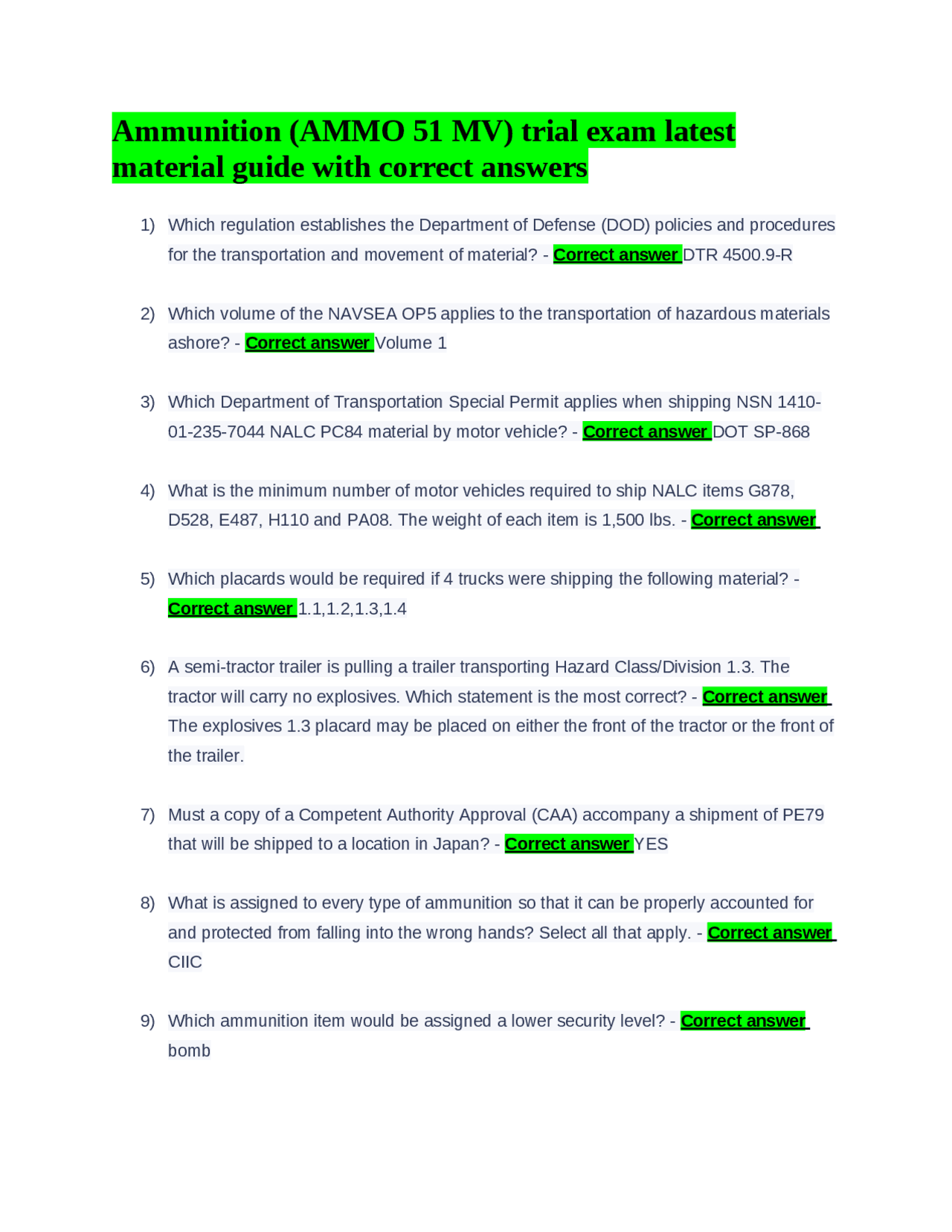 Ammunition (AMMO 51 MV) trial exam latest material guide with correct ...