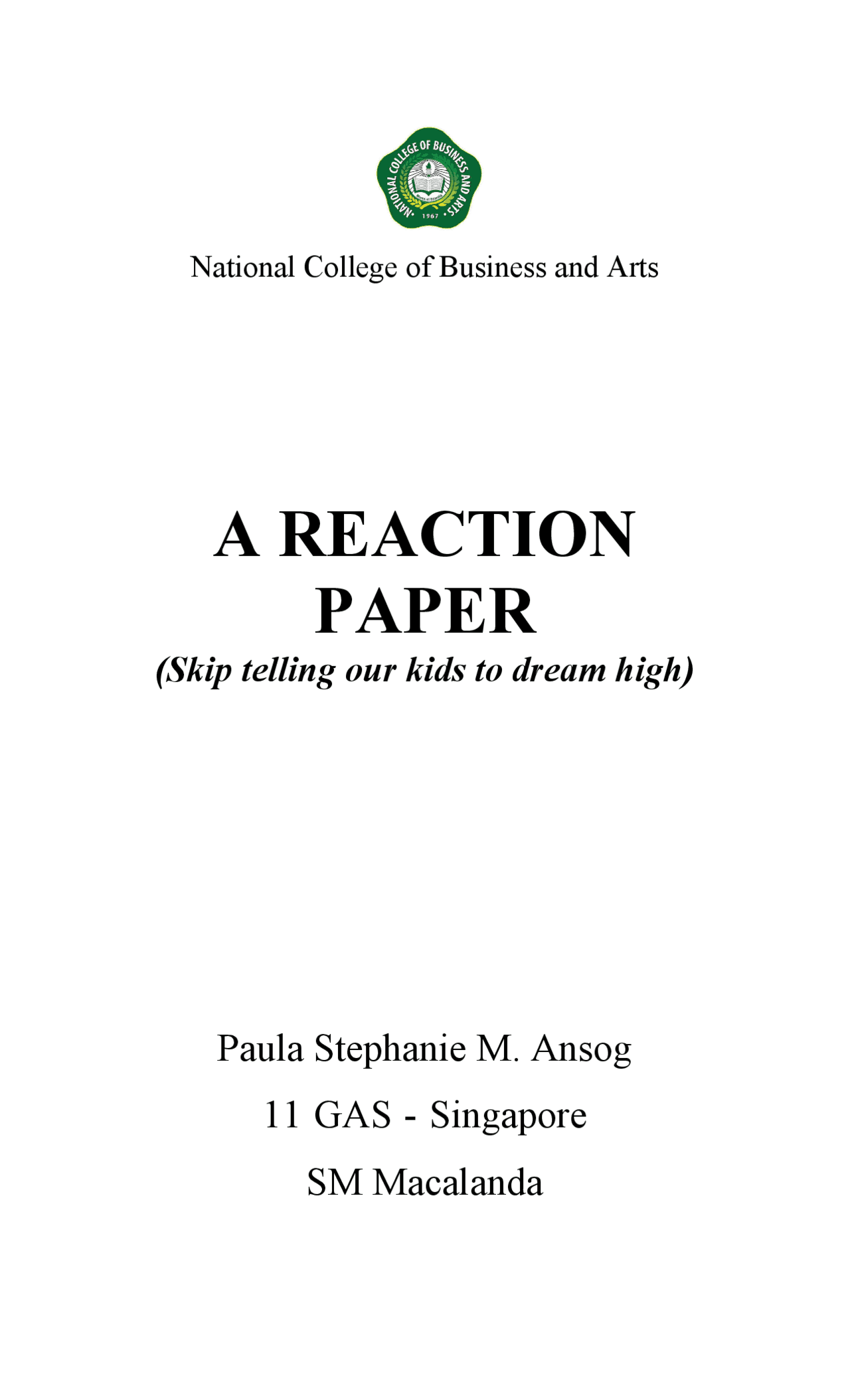 Example Output of Reaction Paper | Essays (high school) English | Docsity