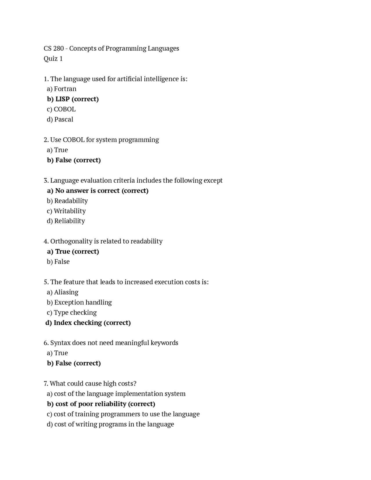 Quiz 1 Computer Science 280 Quizzes Computer Science Docsity