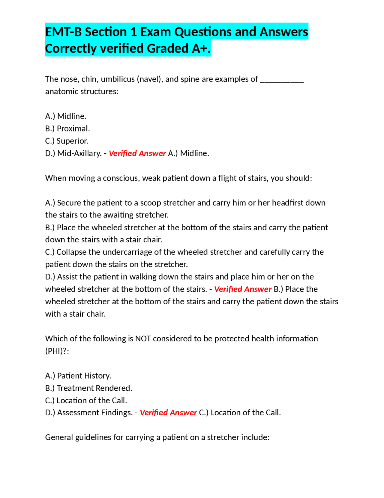 Emt B Section 1 Exam Questions And Answers Correctly Verified Graded A