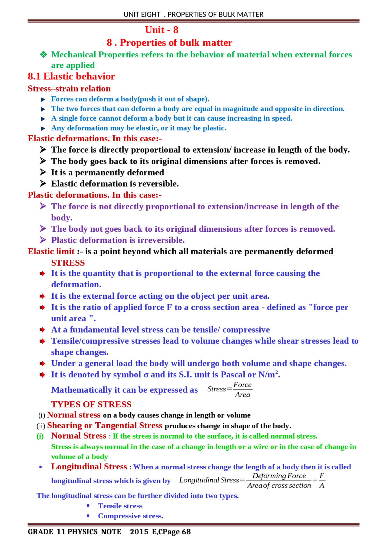 grade 11 unit 8 PROPERTIES OF BULK MATTERS | Summaries Physics | Docsity