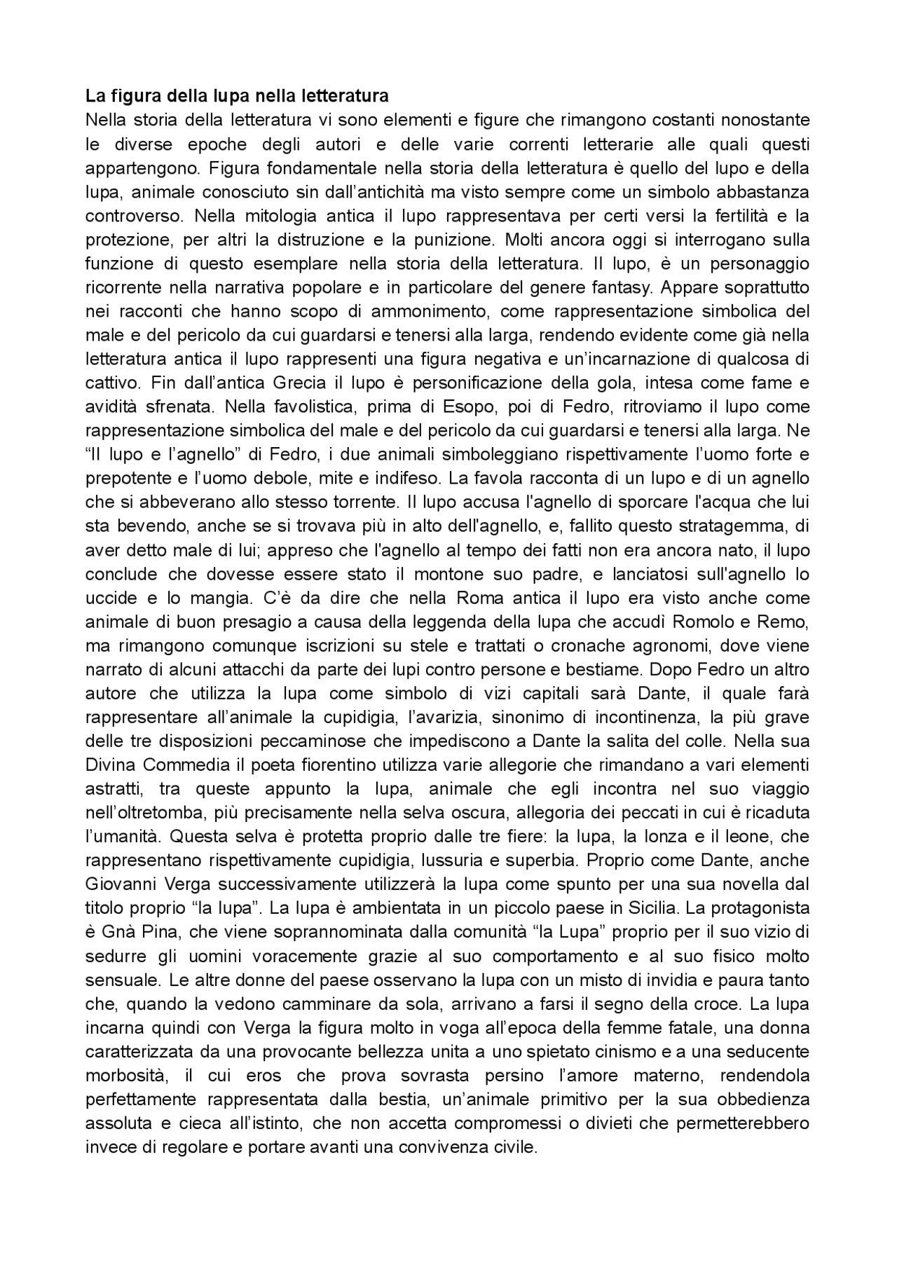 La figura della lupa nella letteratura | Appunti di Italiano | Docsity