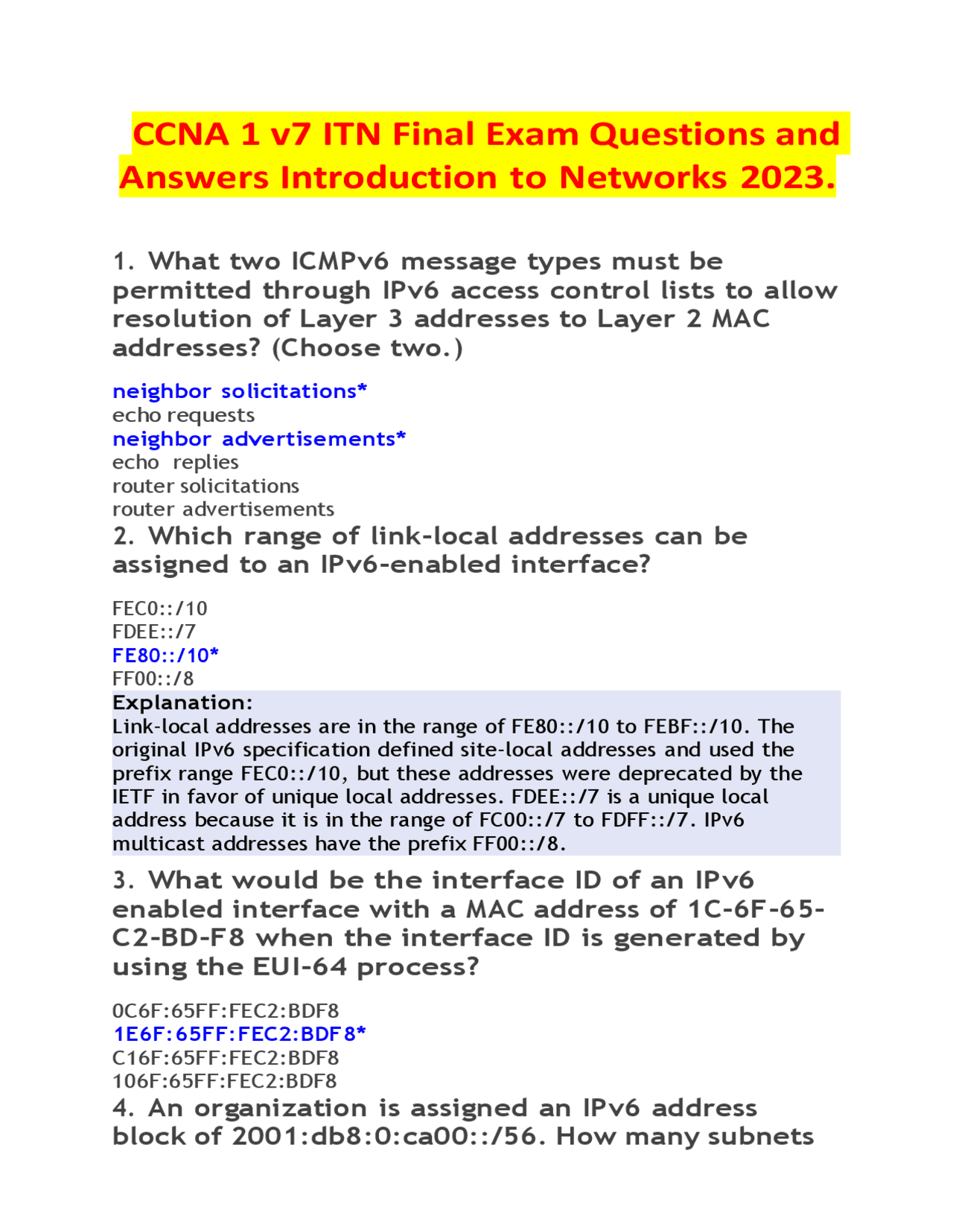 Ccna 1 V7 Itn Final Exam Questions And Answers Introduction To Networks