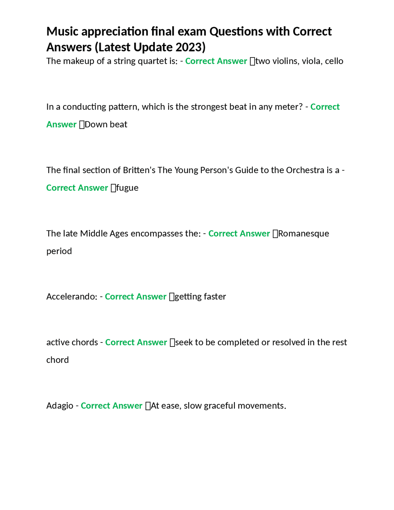 Music appreciation final exam Questions with Correct Answers (Latest ...