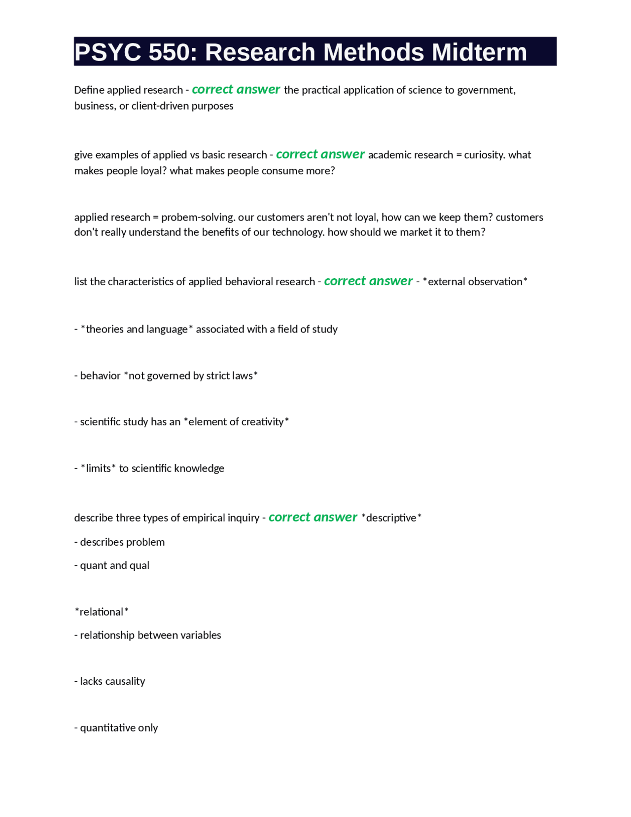 Psyc 550 Research Methods Midterm 2023 Exams Nursing Docsity