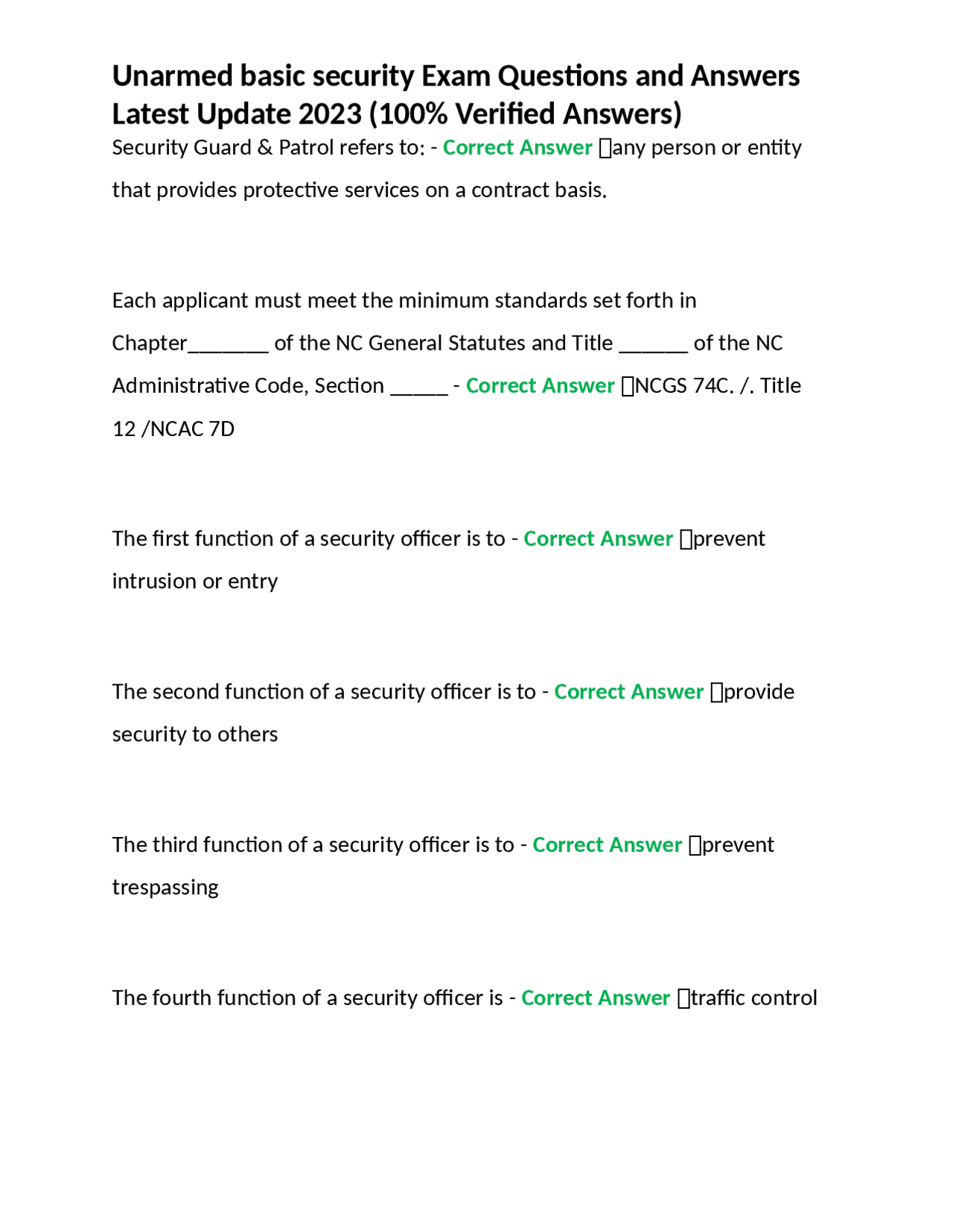 Unarmed basic security Exam Questions and Answers Latest Update 2023 ...