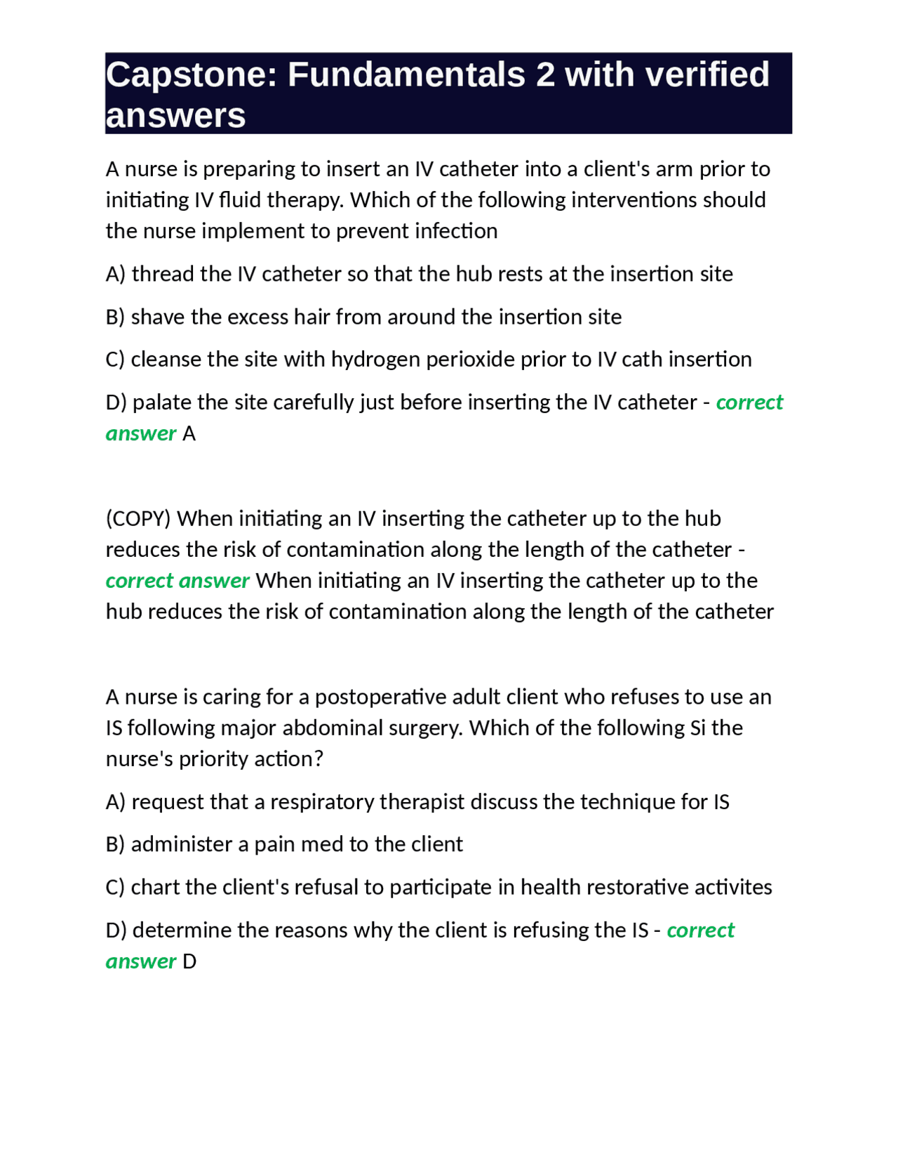Capstone: Fundamentals 2 with verified answers | Exams Nursing | Docsity