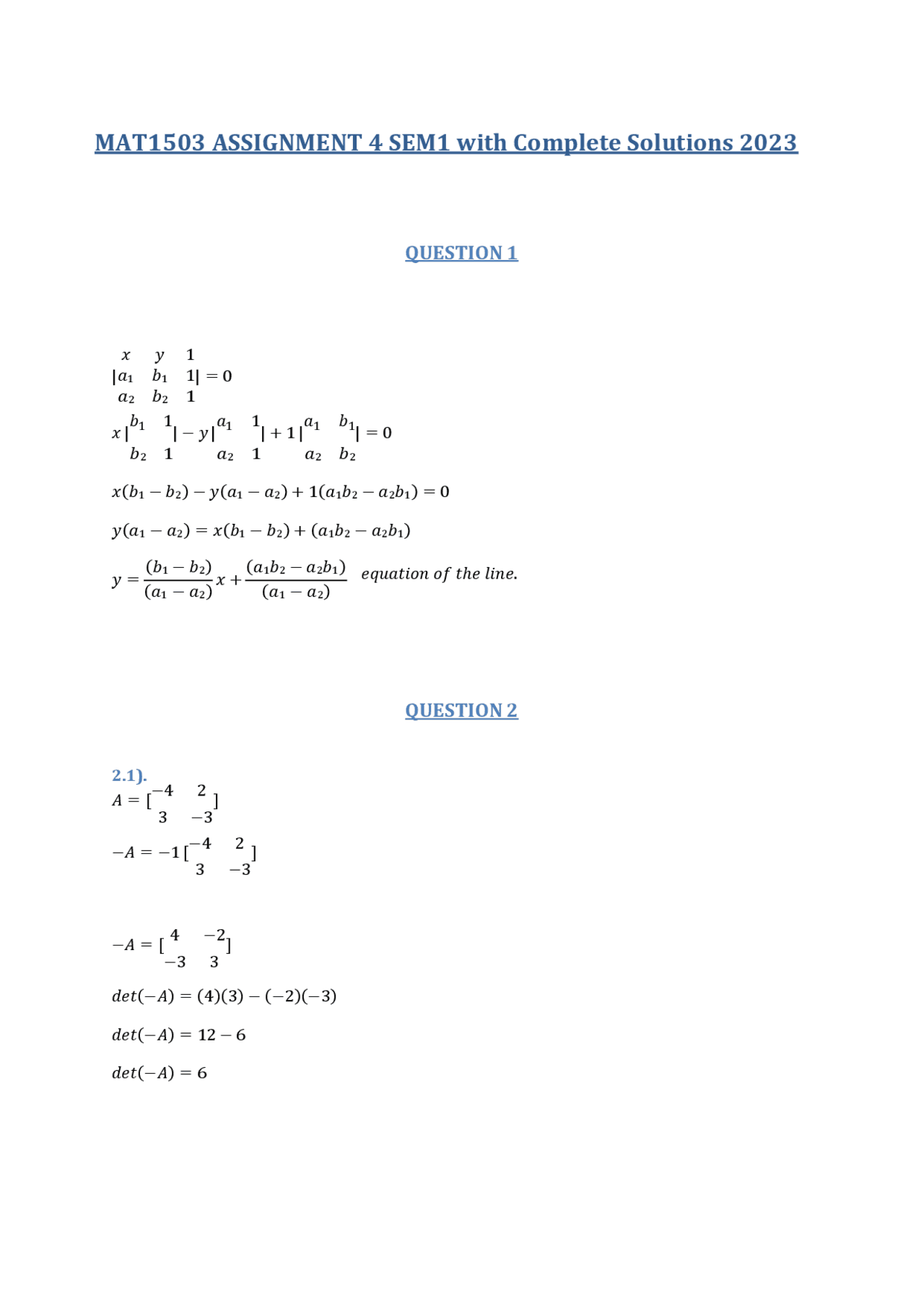 MAT1503 ASSIGNMENT 4 SEM1 with Complete Solutions 2023 | Exams Linear Algebra | Docsity