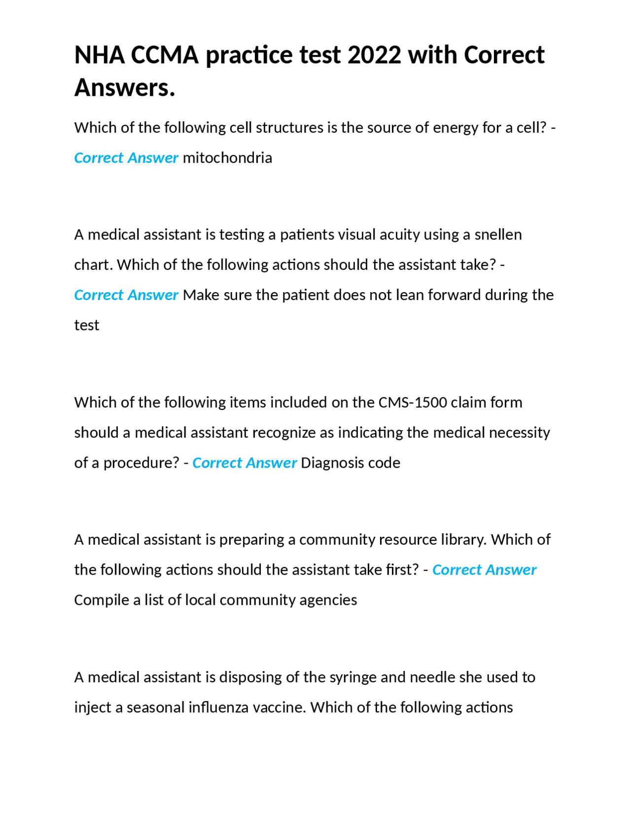 NHA CCMA practice test 2022 with Correct Answers. | Exams Nursing | Docsity