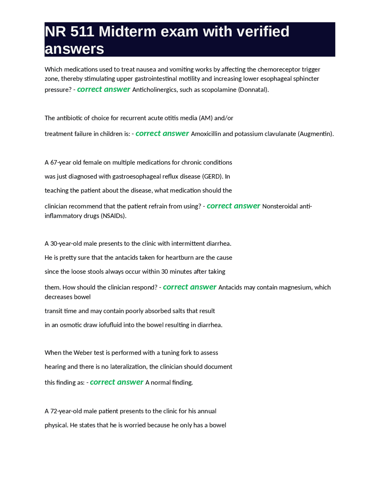 NR 511 Midterm exam with verified answers | Exams Nursing | Docsity