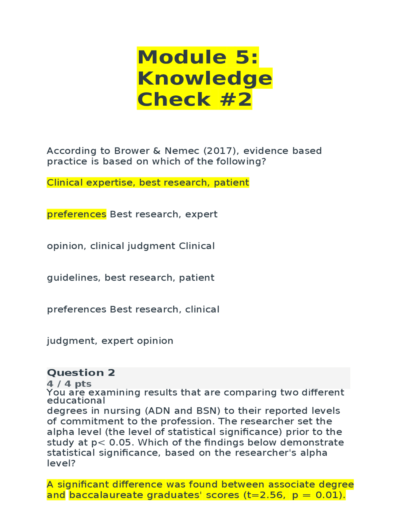 Module 5 Knowledge Check 2 Exams Nursing Docsity