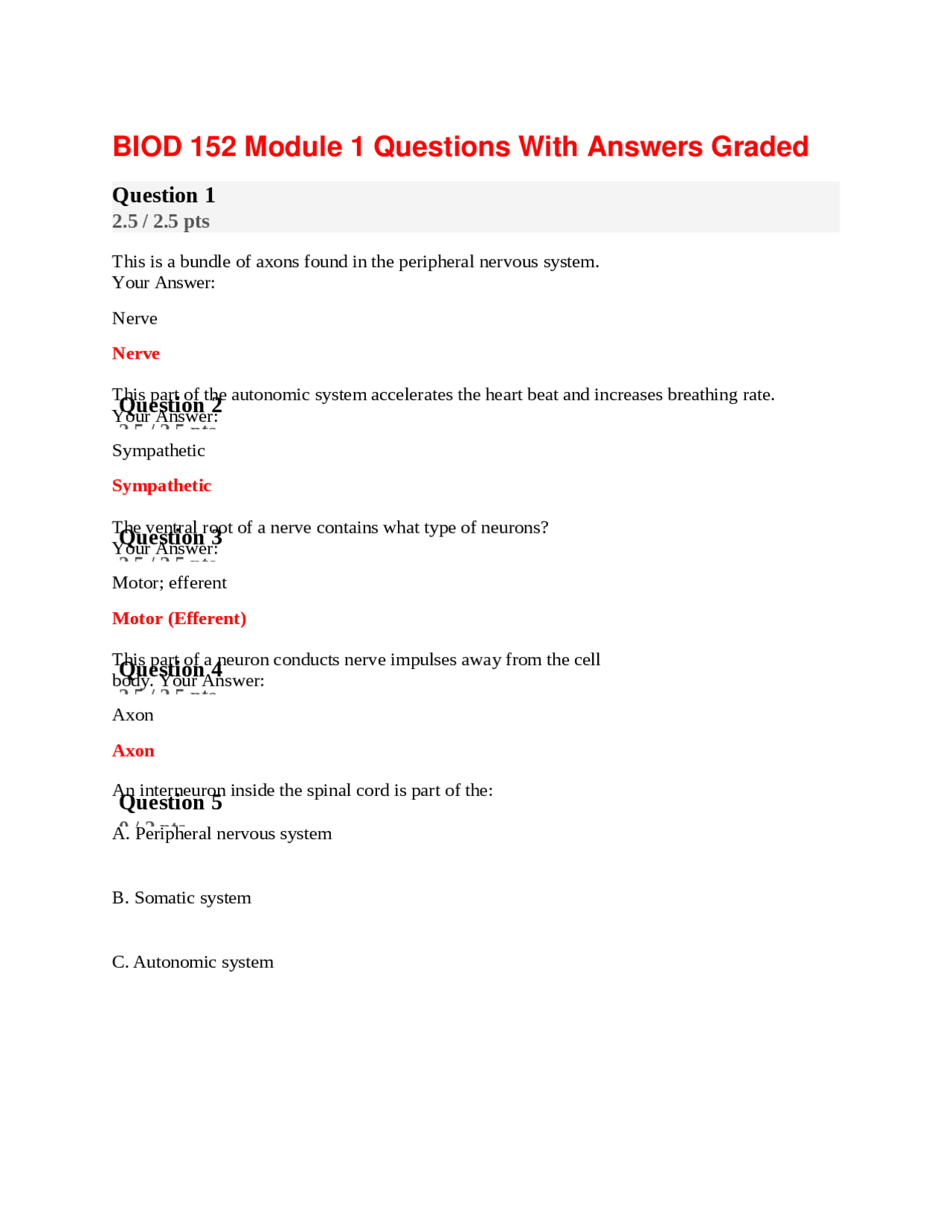 BIOD 152 Module 1 Questions With Answers Graded | Exams Nursing | Docsity