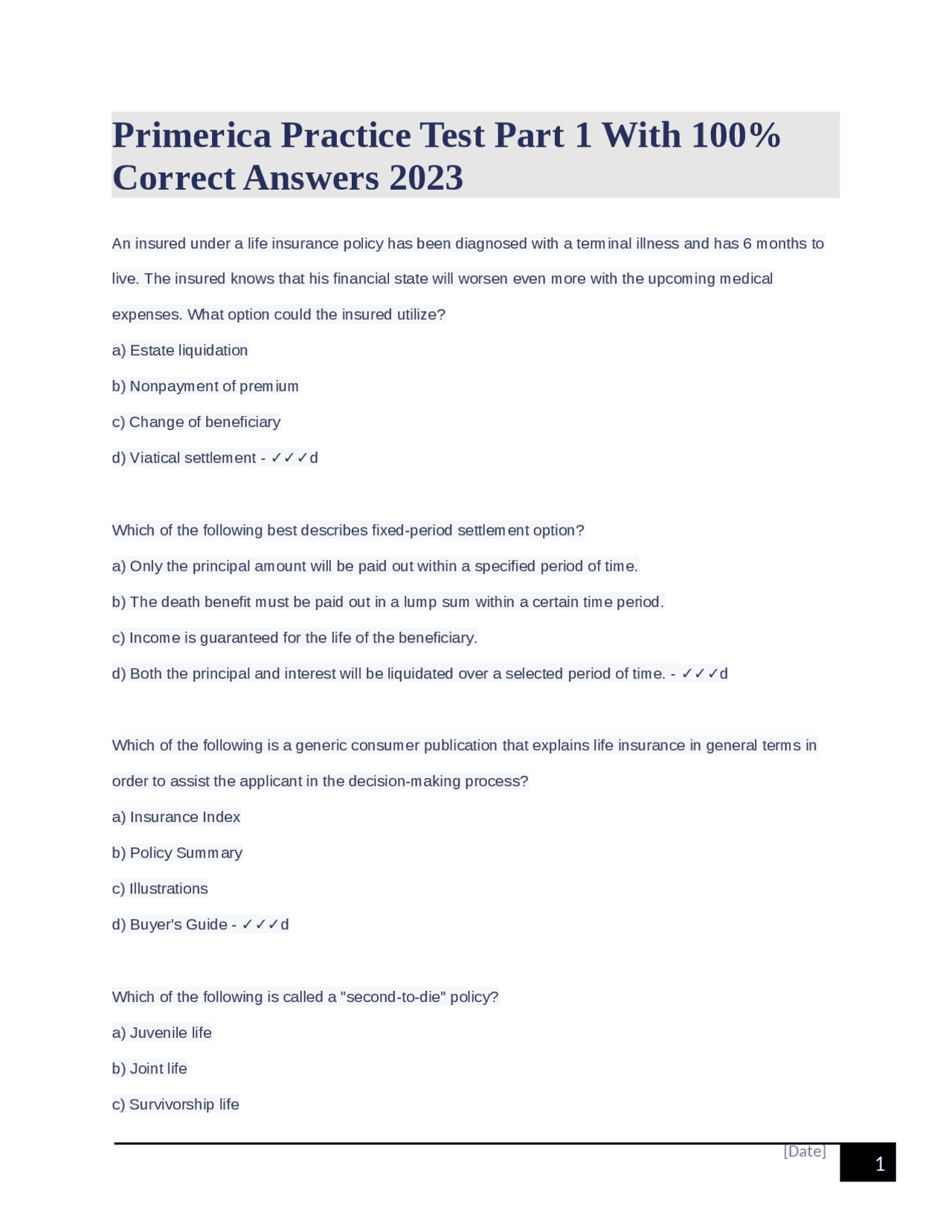 Primerica Practice Test Part 1 With 100% Correct Answers 2023 | Exams ...