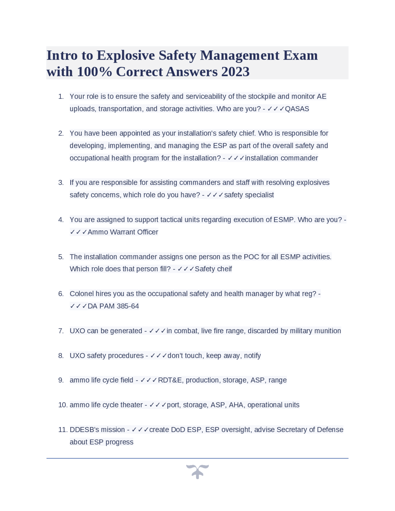 Intro to Explosive Safety Management Exam with 100% Correct Answers ...