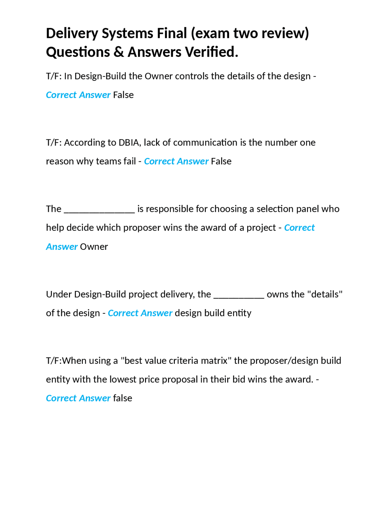 Delivery Systems Final Exam Two Review Questions And Answers Verified