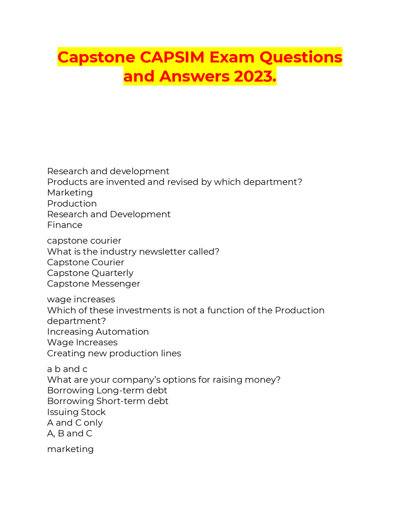 Capstone CAPSIM Exam Questions and Answers 2023. | Exams Nursing | Docsity