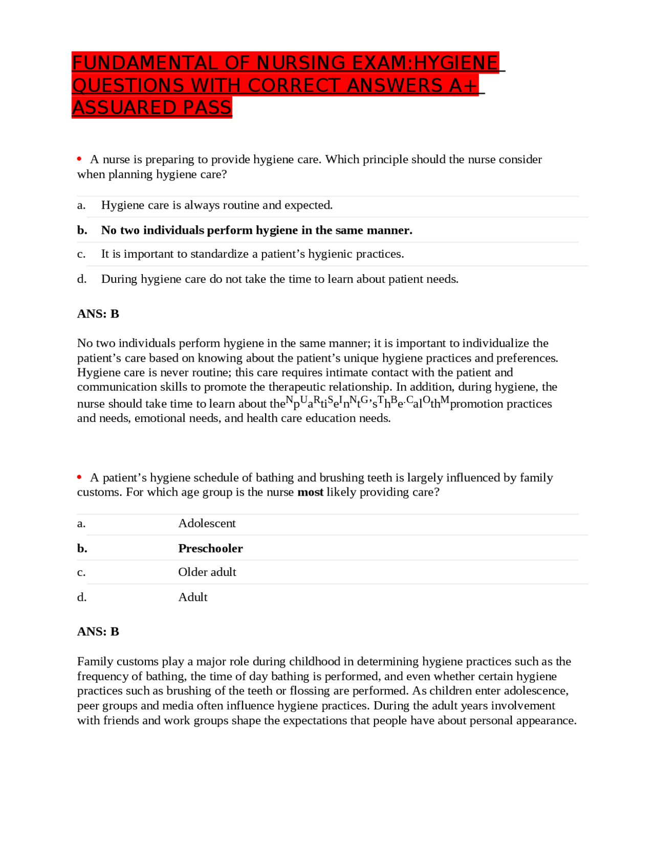 FUNDAMENTAL OF NURSING EXAM:HYGIENE QUESTIONS WITH CORRECT ANSWERS A+ ...