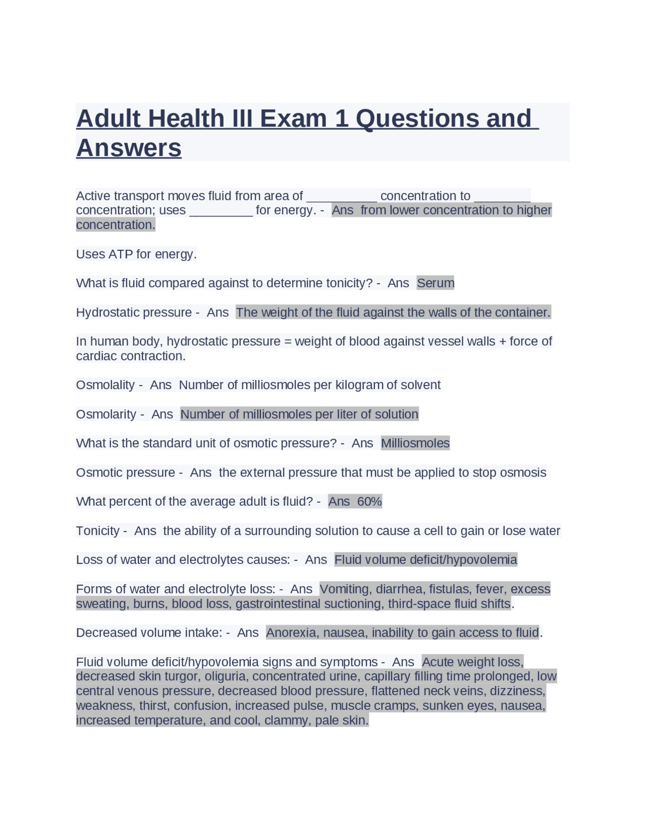 Adult Health III Exam 1 Questions and Answers | Exams Nursing | Docsity