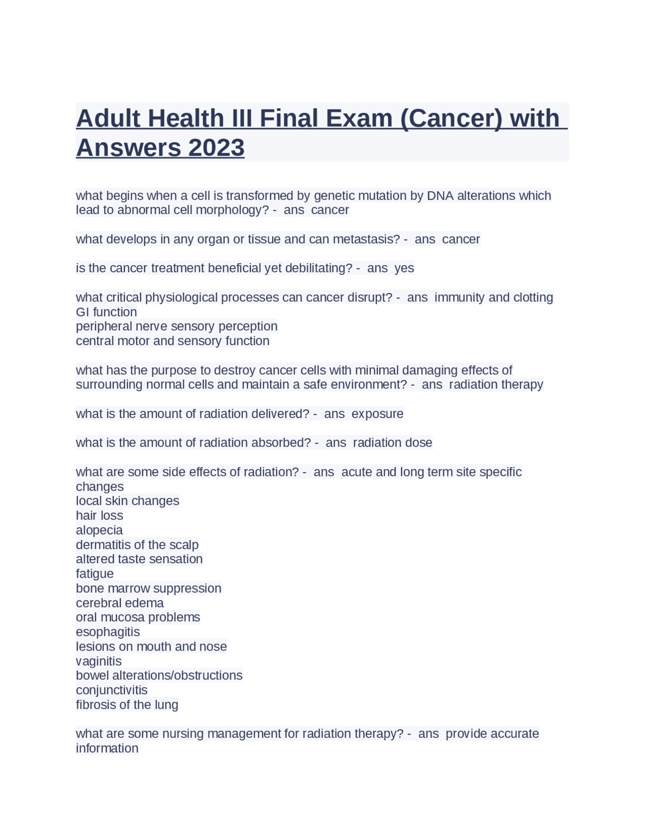 Adult Health III Final Exam (Cancer) with Answers 2023 | Quizzes ...