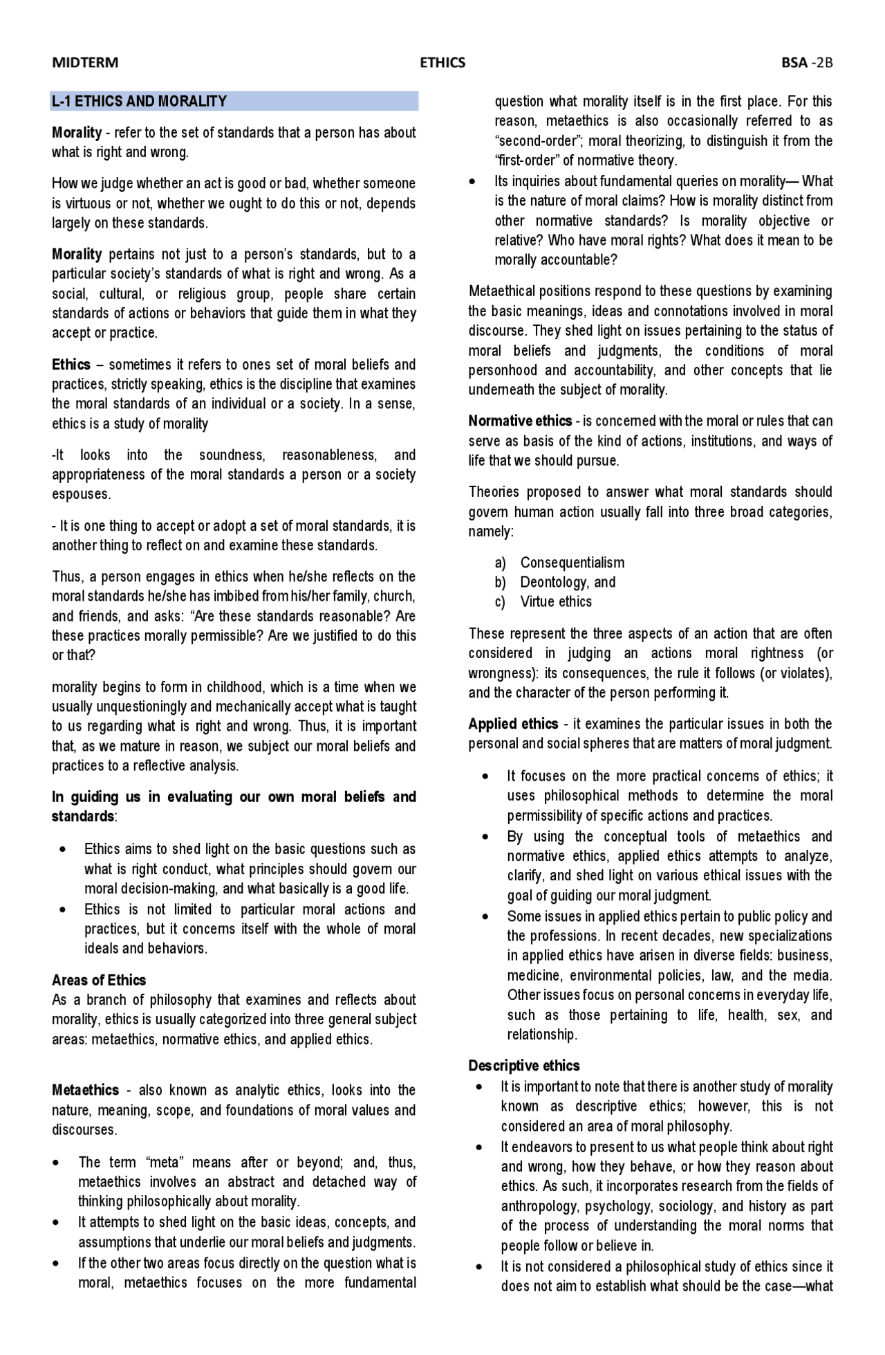 Ethics And Morality Midterm Reviewer Lecture Notes Ethics Docsity