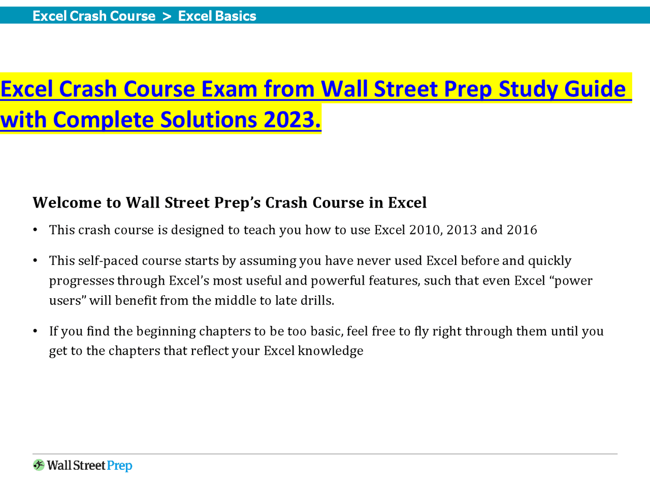 Excel Crash Course Exam from Wall Street Prep Study Guide with Complete Solutions 2023. | Study ...